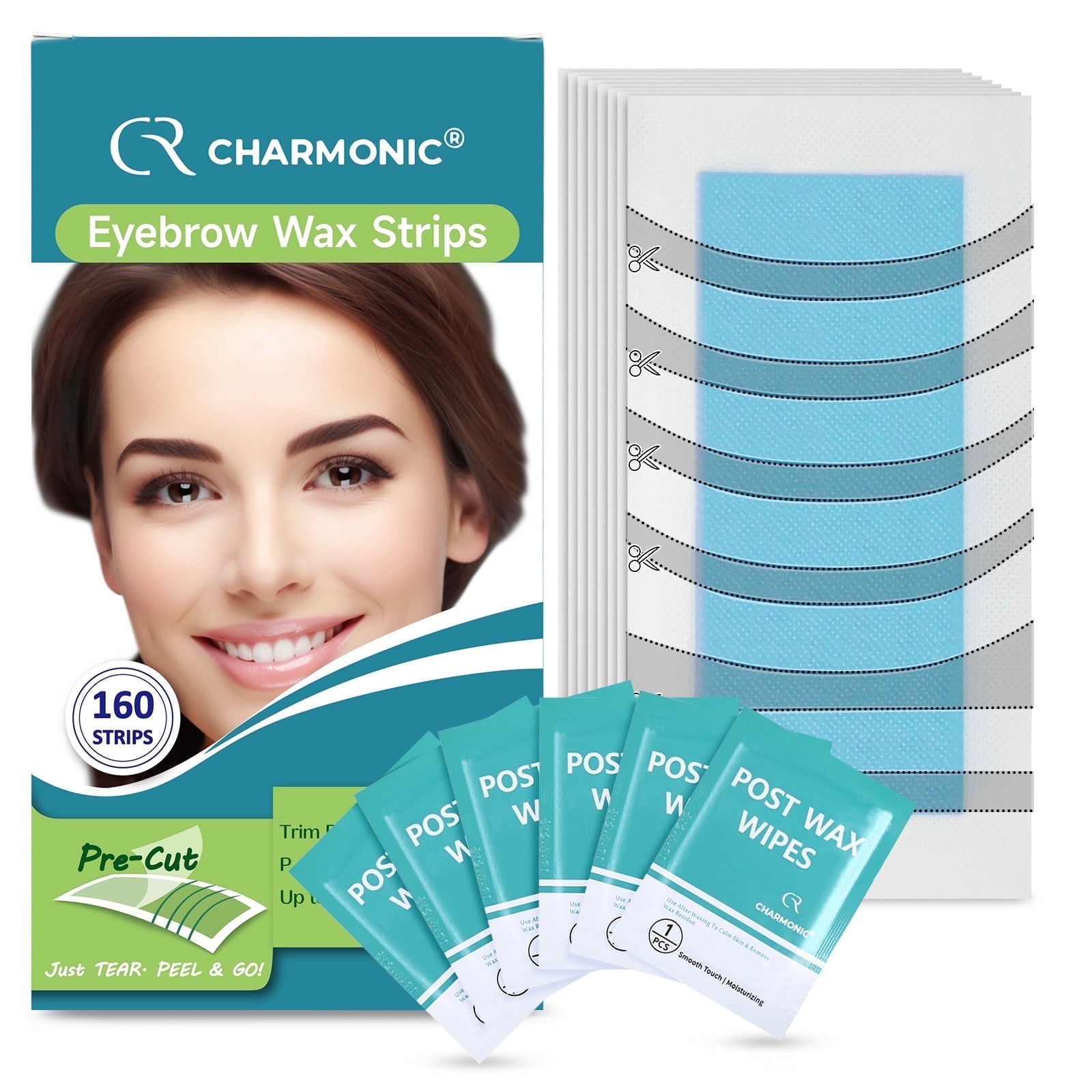 Charmonic Eyebrow Wax Kit, 160 Pre-Cut Wax Strips for Hair Removal ...