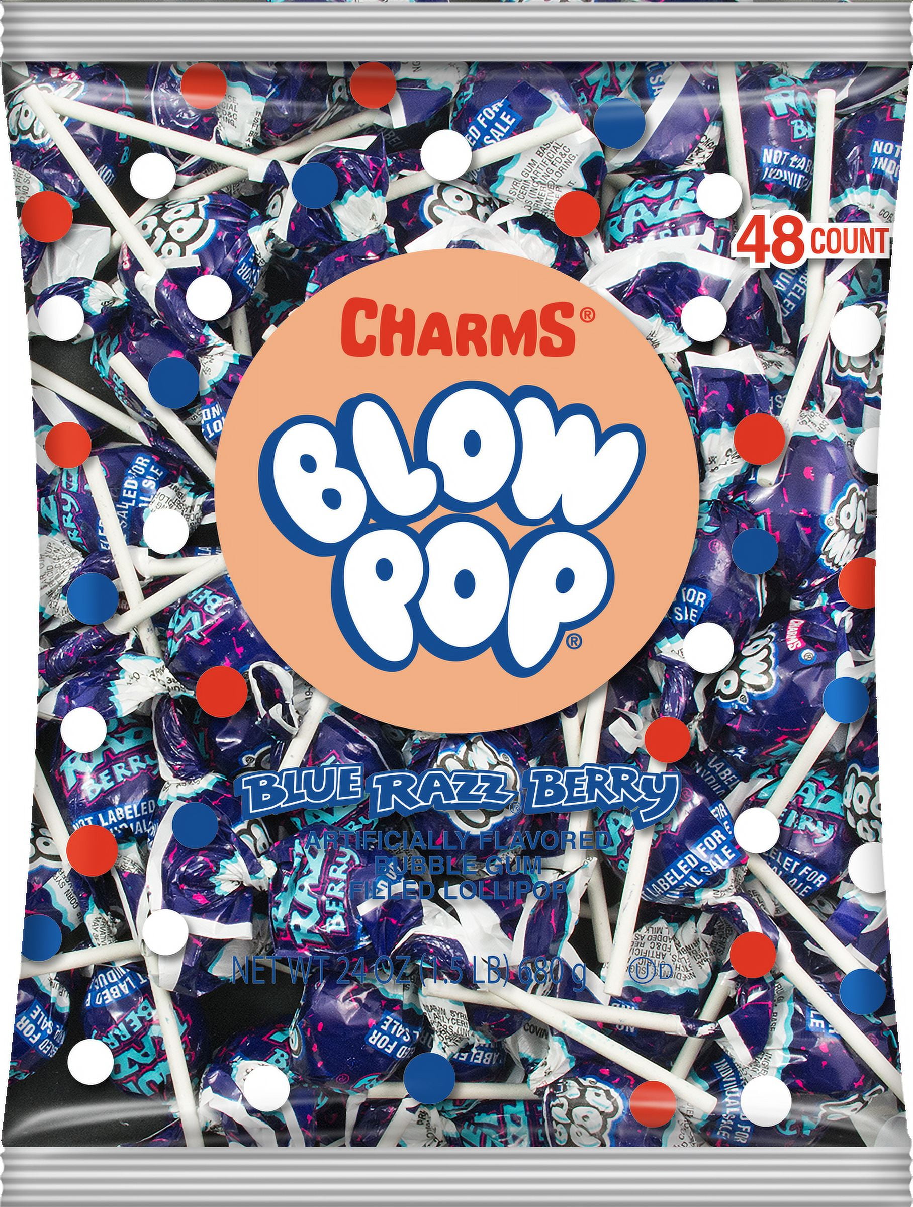 Charms Blow Pop Blue Razz Bubble Gum, 48 count, 50 calories, 24 oz. Bag ...
