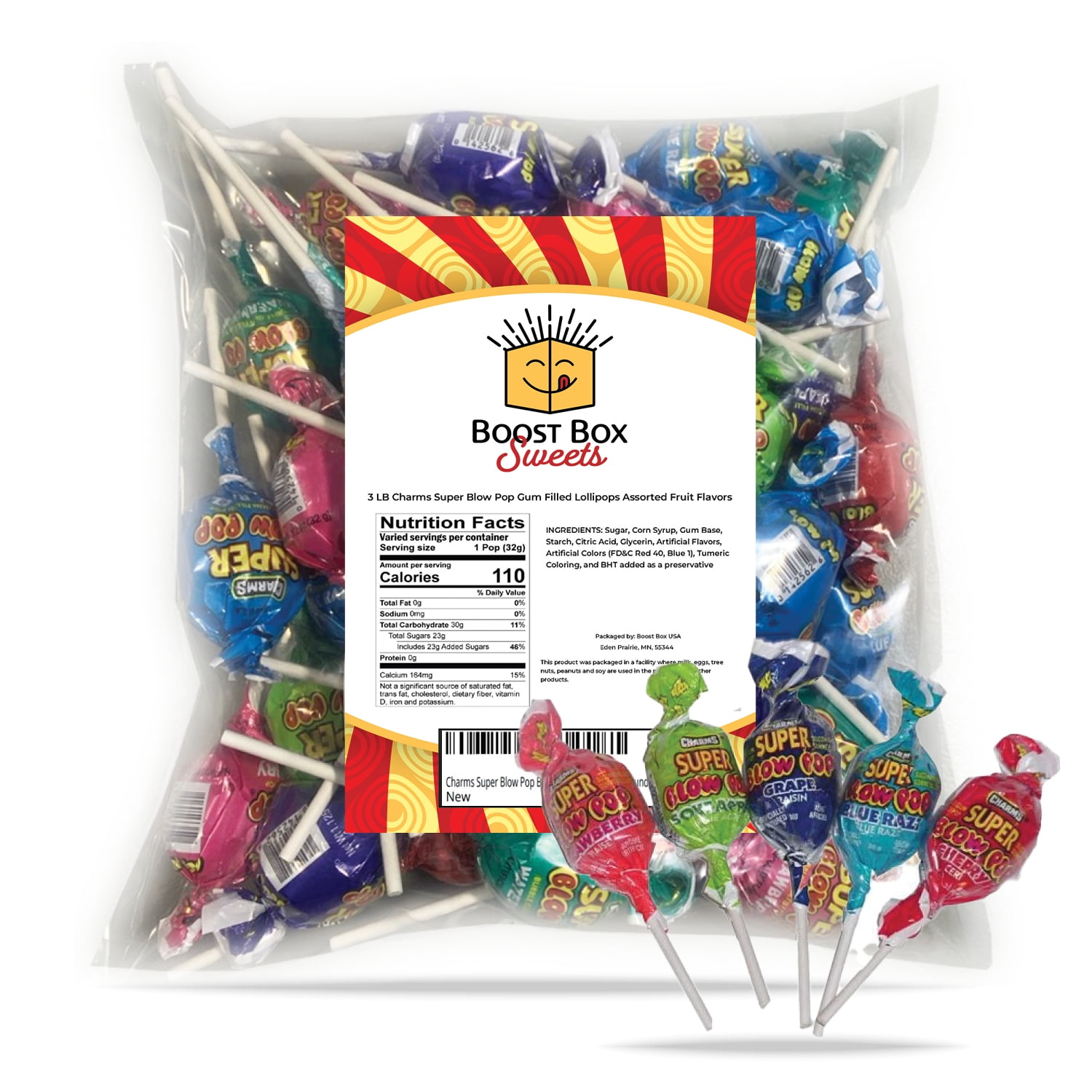 Charms Super Blow Pop Bubble Gum Filled Lollipop 6-Flavors Bulk ...