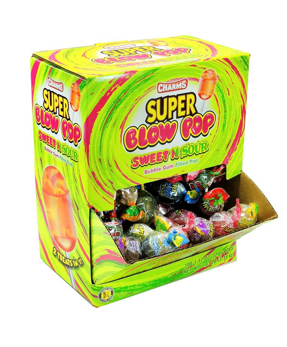 Charms Candy Lollipops Bulk, Super Blow Pop Sweet N Sour Bubble Gum ...