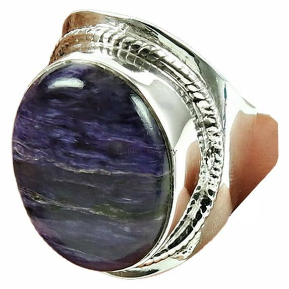 Charoite Gemstone Ring, Solid 925 Sterling Silver, Signet Ring, Anxiety ...