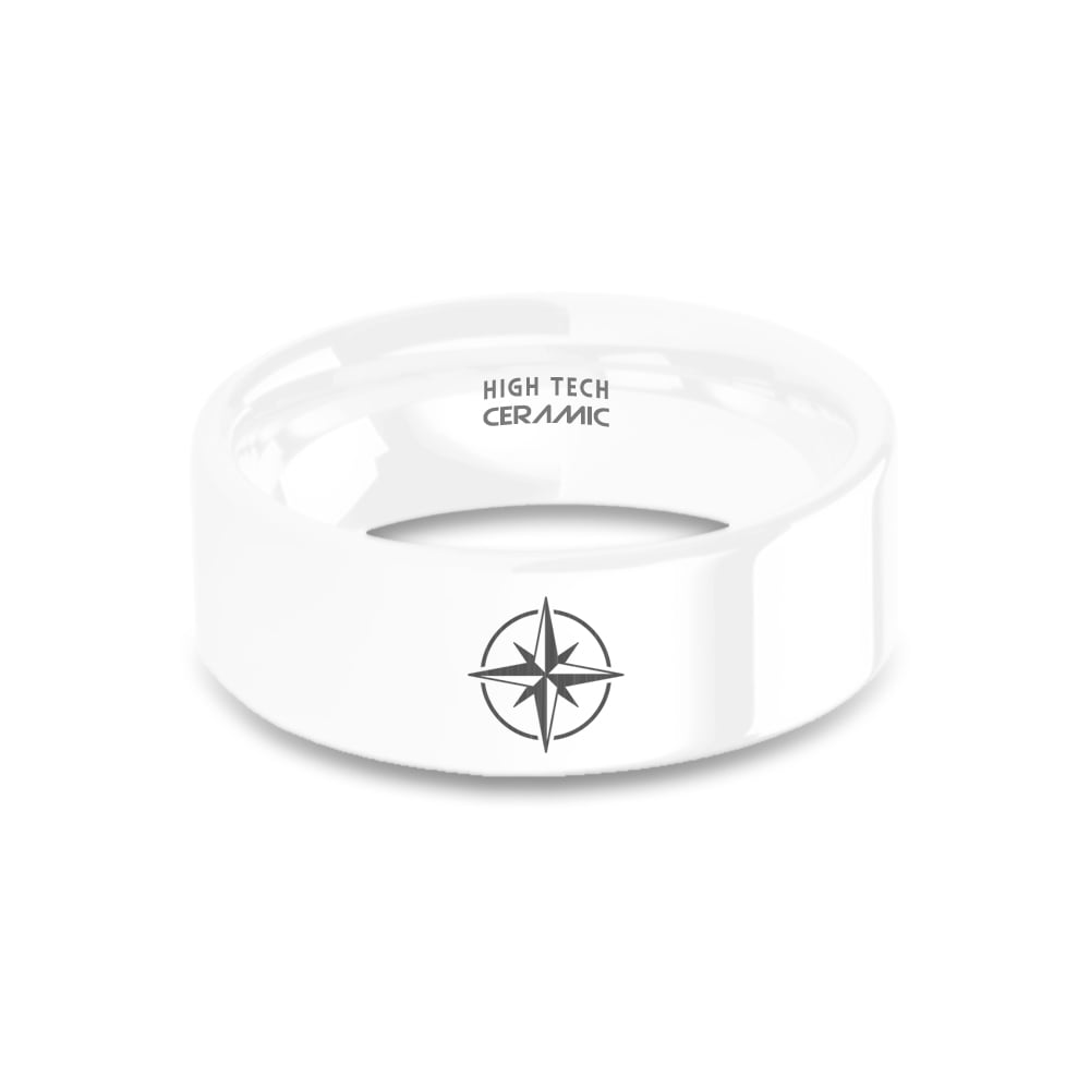 Chart Map Compass Laser Engraved White Polished Ceramic Wedding Band ...