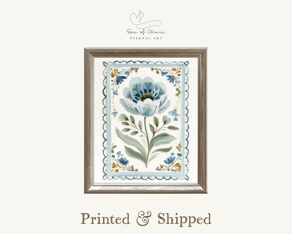 Charten Blue Folk Art Floral Scandinavian Wall Art Poster, 12x18 ...