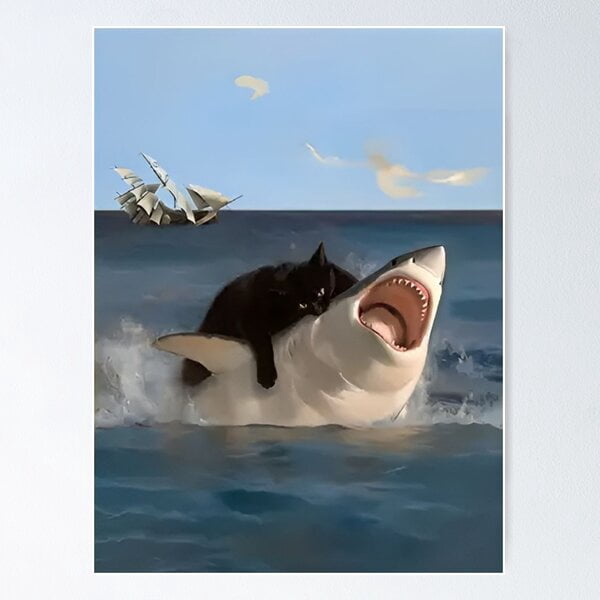 Charten Cat Versus Shark Fun Illustration Poster, 8x12 UNFRAMED ...