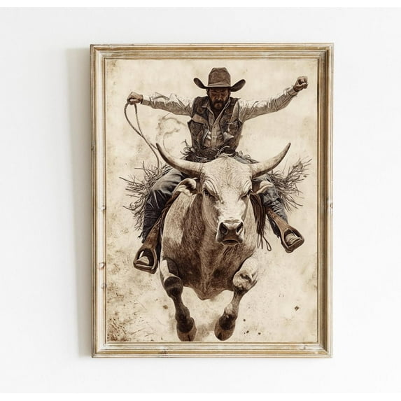 Charten Cowboy Bucking Bull Poster Western Rustic Wall Art, 24x36 ...