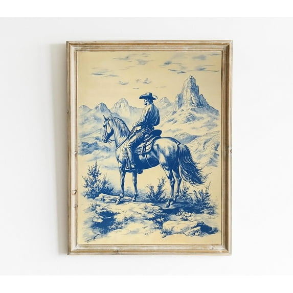 Charten Cowboy Chinoiserie Poster Blue Western Wall Art, 12x18 UNFRAMED ...