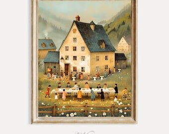 Charten Cozy Spring Farm Potluck Folk Art Poster, 8x12 UNFRAMED ...