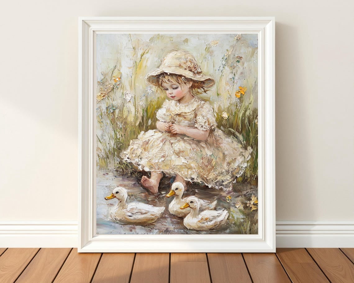 Charten Girl With Ducks Vintage Cottagecore Nursery Wall Art Poster ...