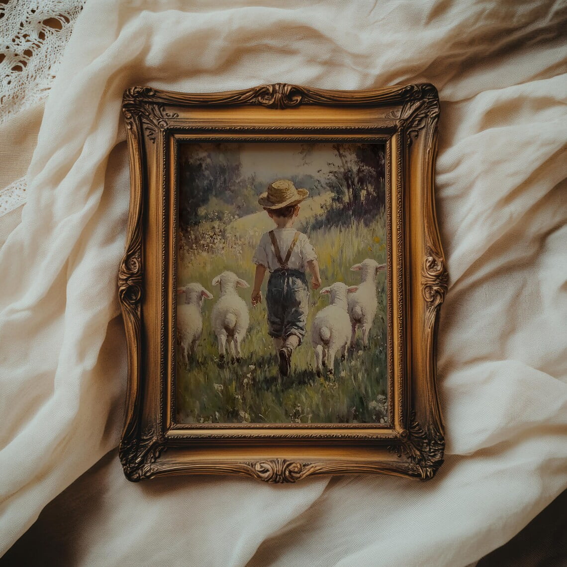 Charten Little Shepherd Boy with Lambs Poster Muted Farmhouse Wall Art ...