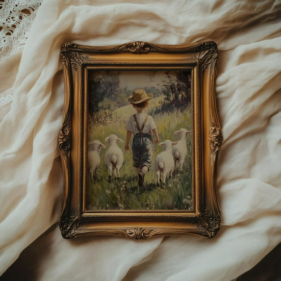 Charten Little Shepherd Boy with Lambs Poster Muted Farmhouse Wall Art ...