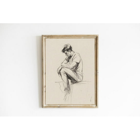 Charten Man Line Drawing Poster Vintage Neutral Farmhouse Wall Art ...