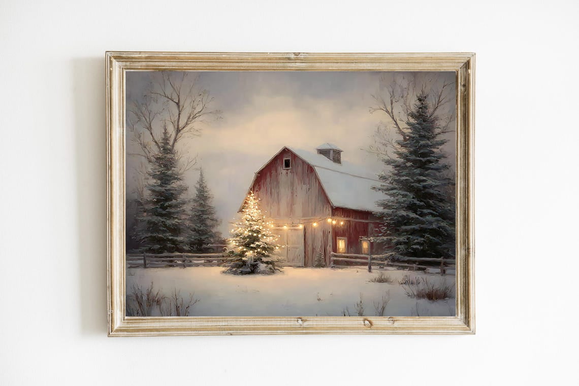 Charten Rustic Red Barn Poster Snowy Farmhouse Landscape Wall Art ...