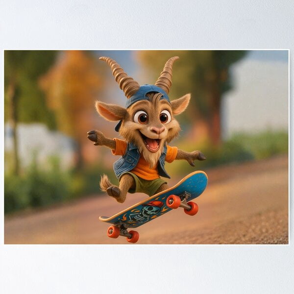 Charten Skateboarding Markhor Goat Illustration Poster, 12x18 UNFRAMED ...