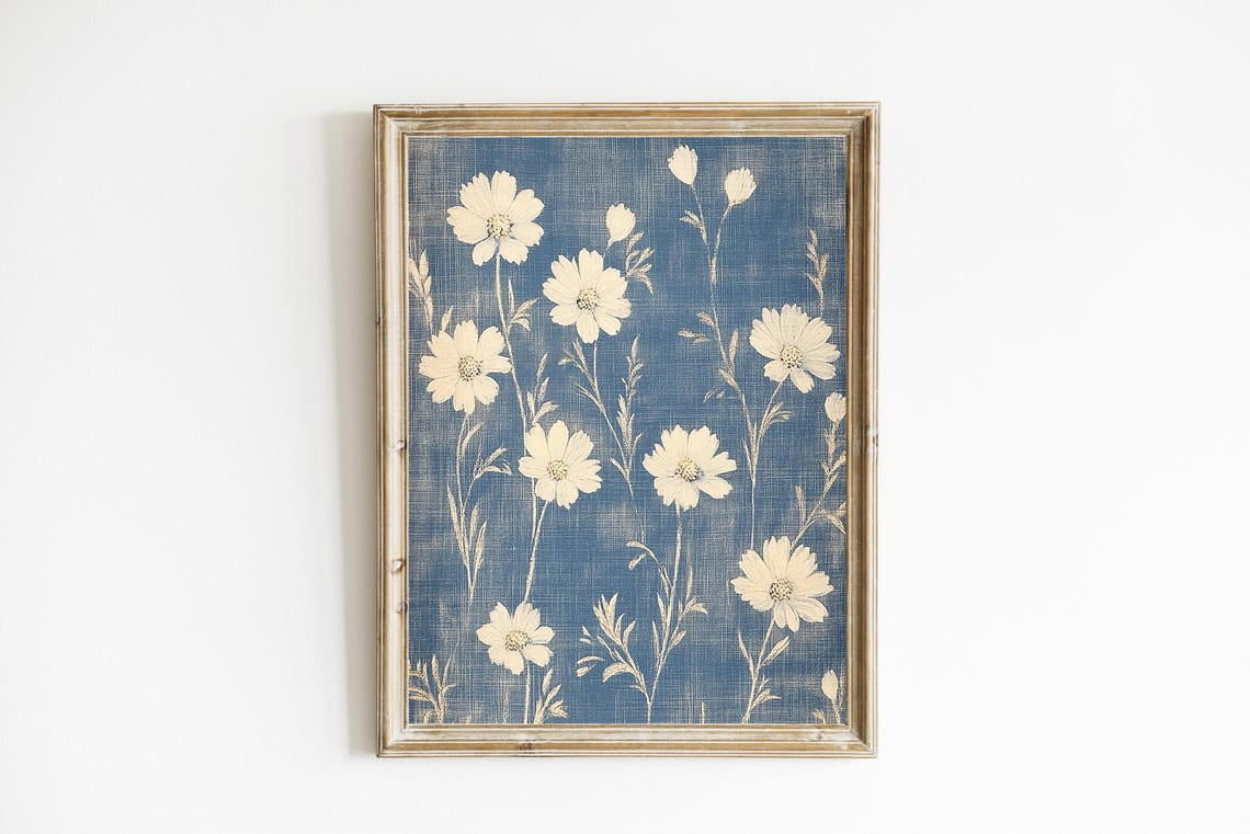 Charten Soft Blue Floral Textile Poster Vintage Tapestry Wall Art ...
