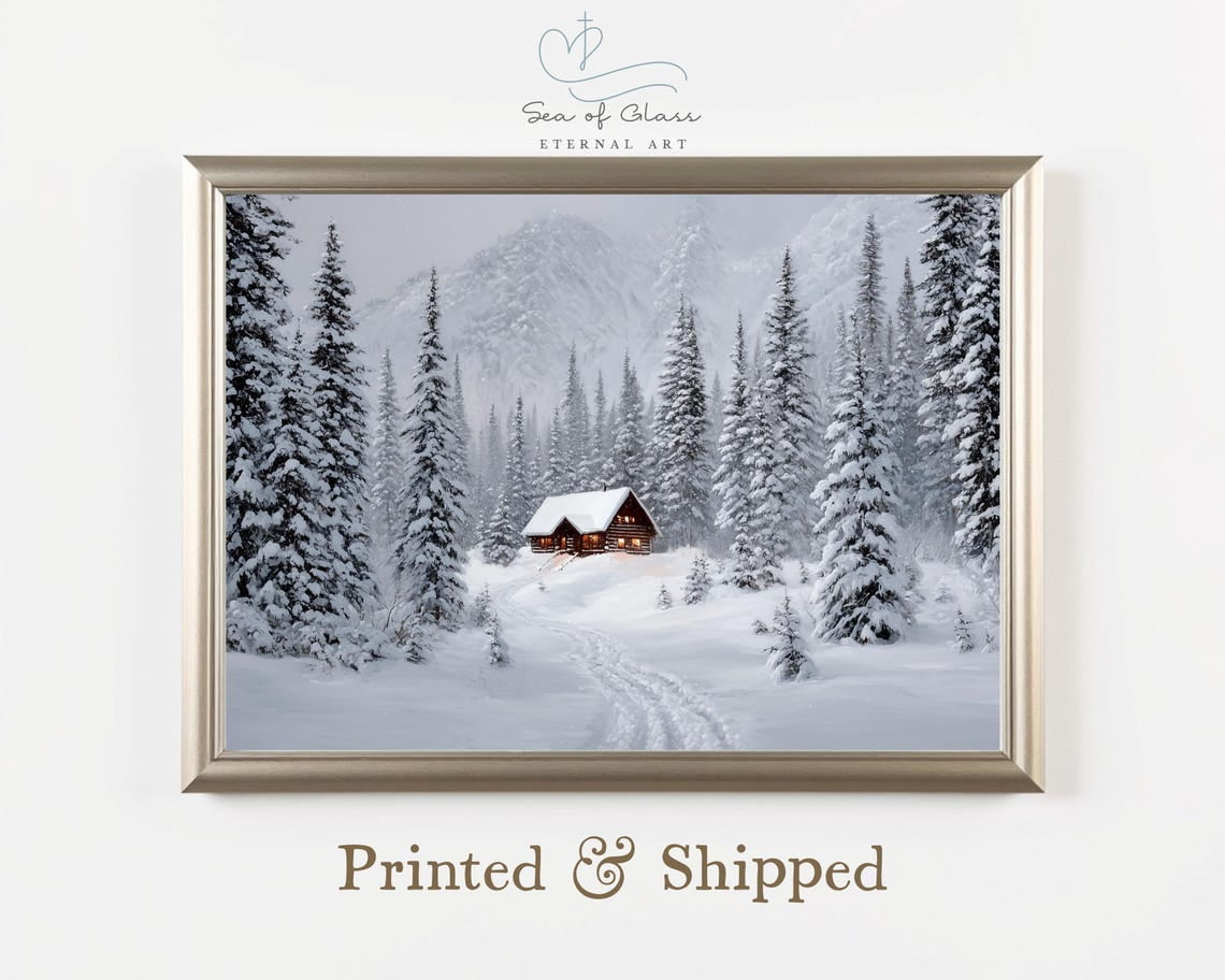 Charten Winter Cabin Snow Poster Rustic Mountain Landscape Wall Art ...