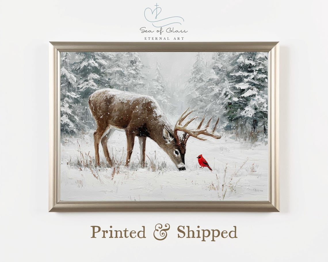 Charten Woodland Deer Cardinal Poster Rustic Winter Wall Art, 12x18 ...