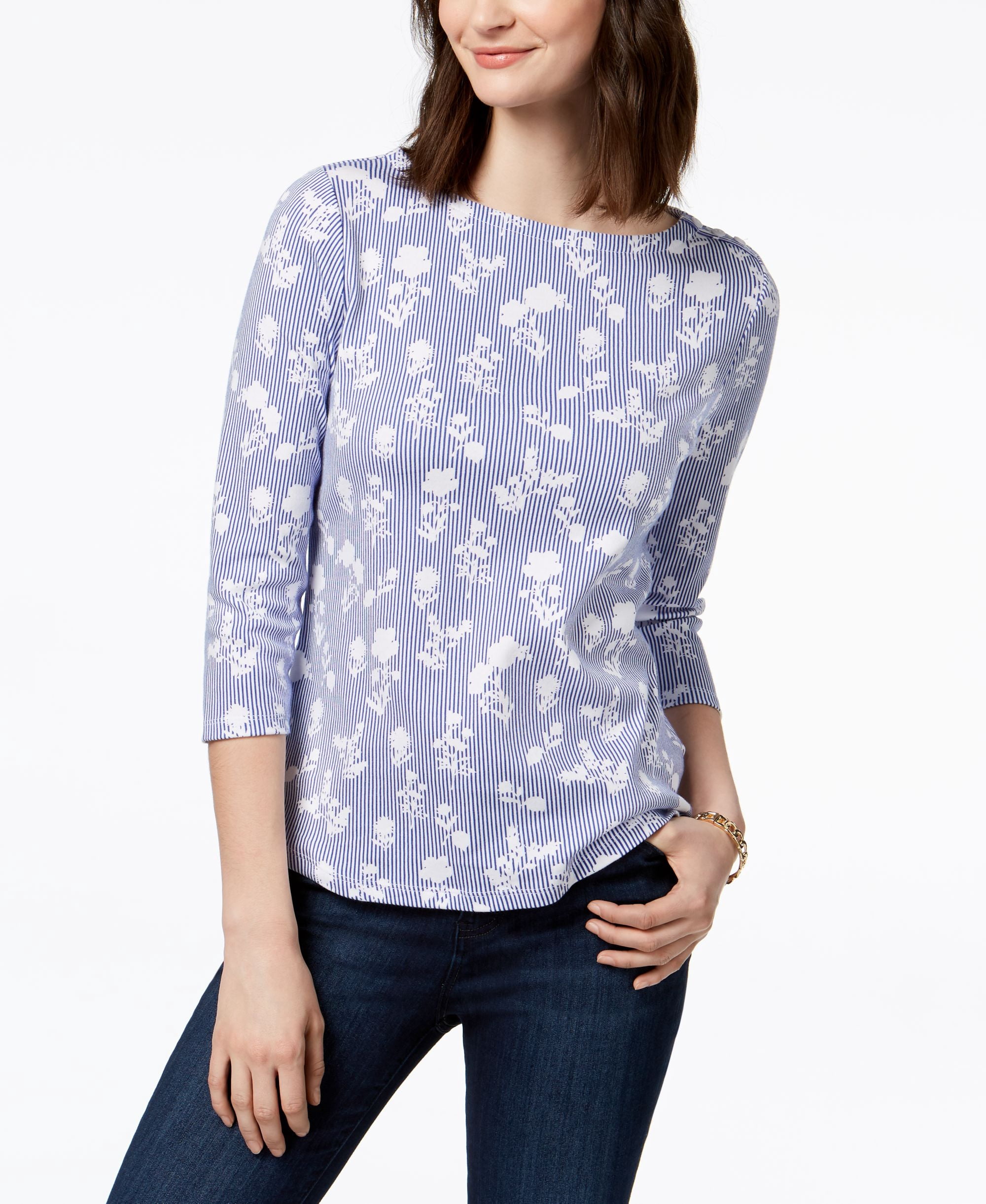 Charter Club Button Shoulder Print Top Modern Blue Floral Combo M ...