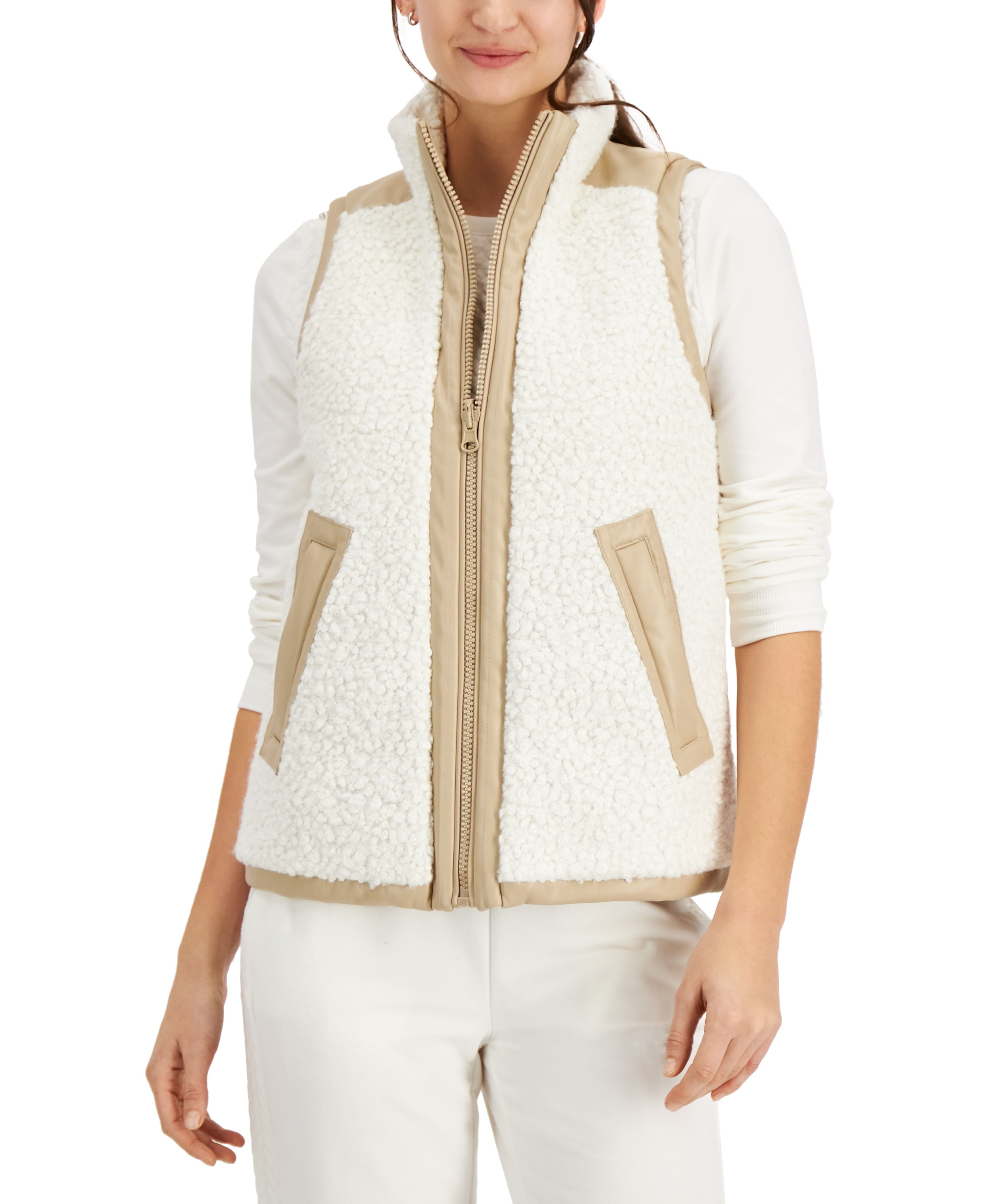 Charter Club Faux Leather Contrast Faux Sherpa Vest Cloud S - Walmart.com