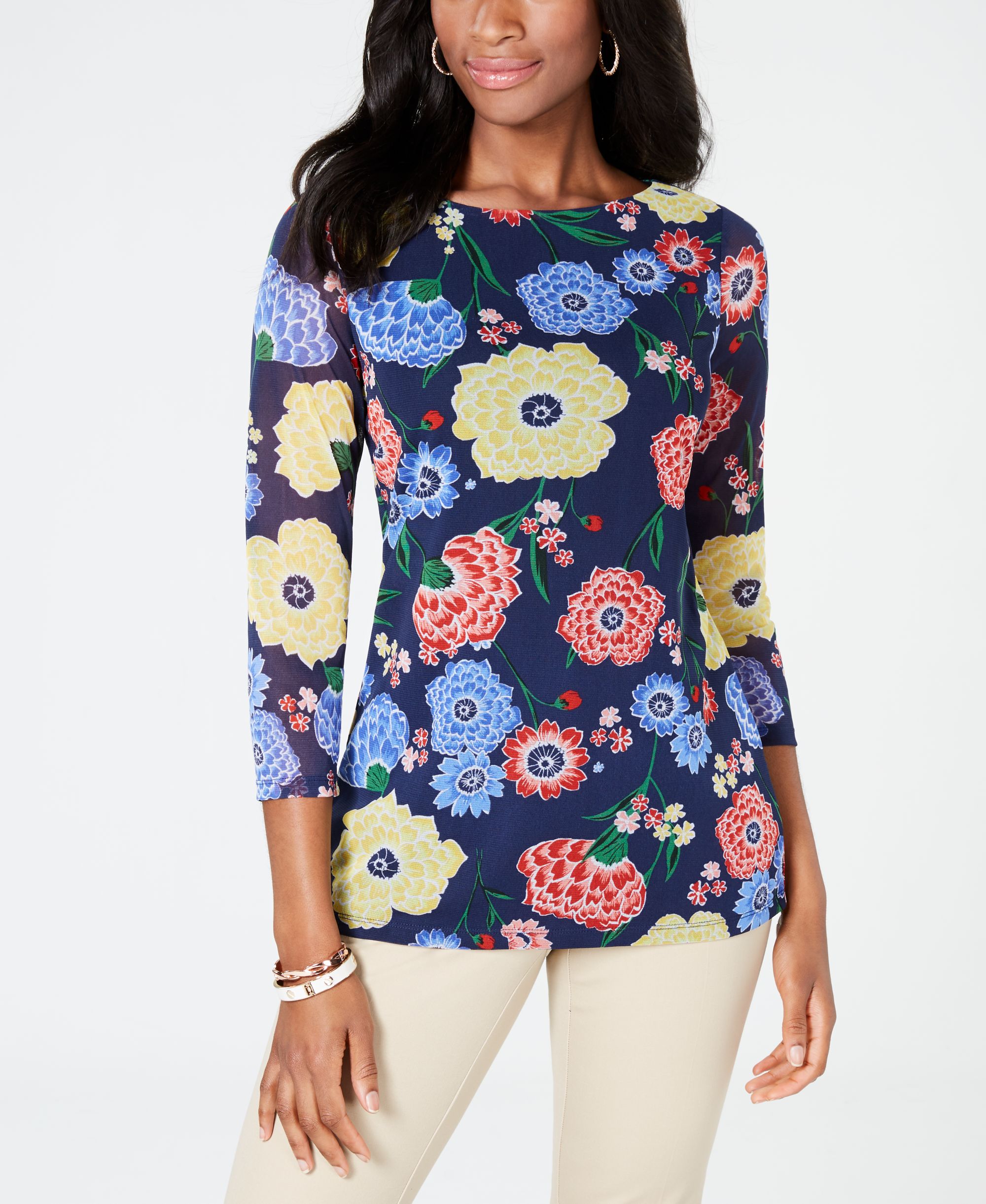Charter Club Floral Print Mesh Top Intrepid Blue Combo XL - Walmart.com
