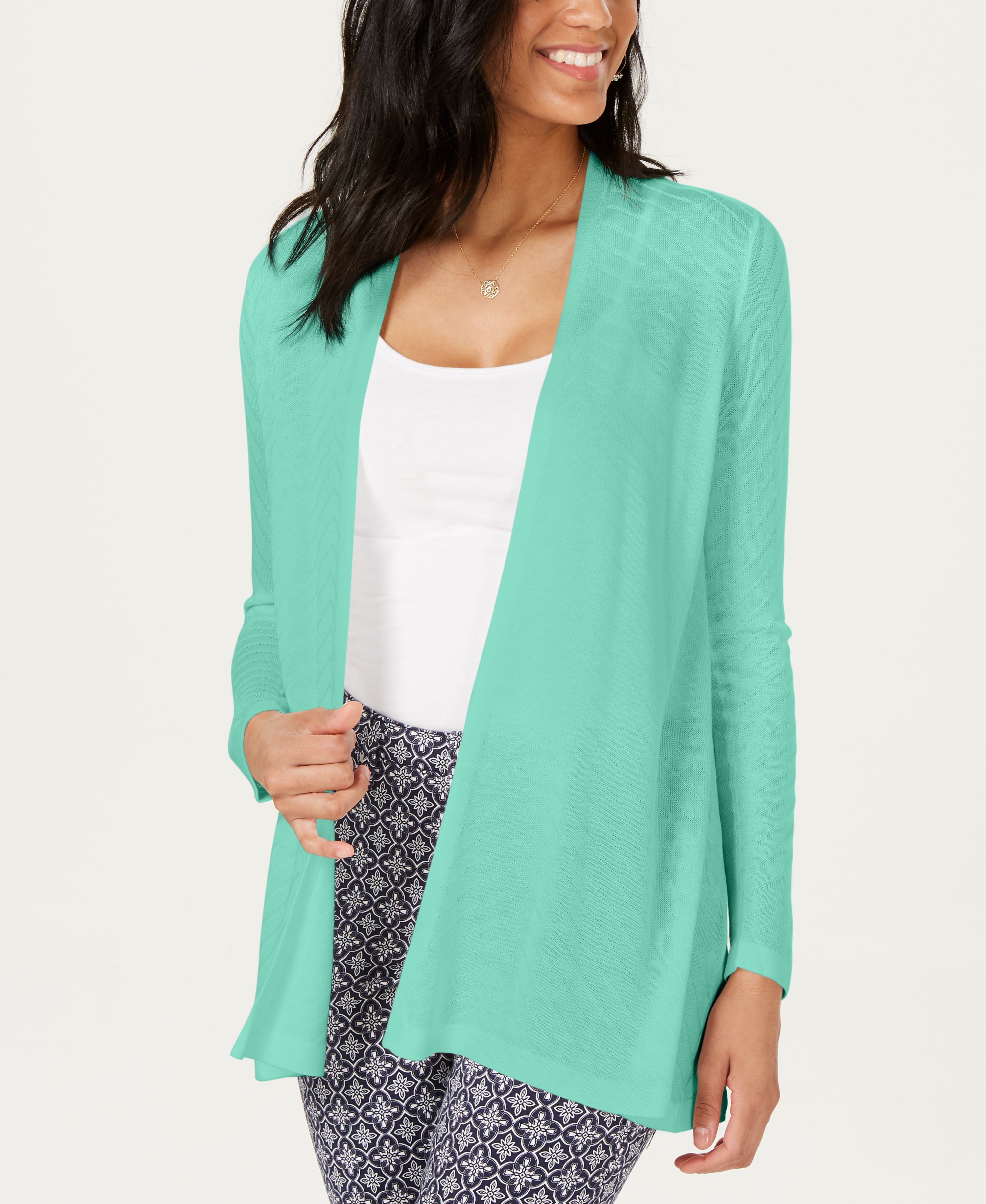 Charter Club Geo Stitch Open Front Cardigan Aqua Gloss M - Walmart.com