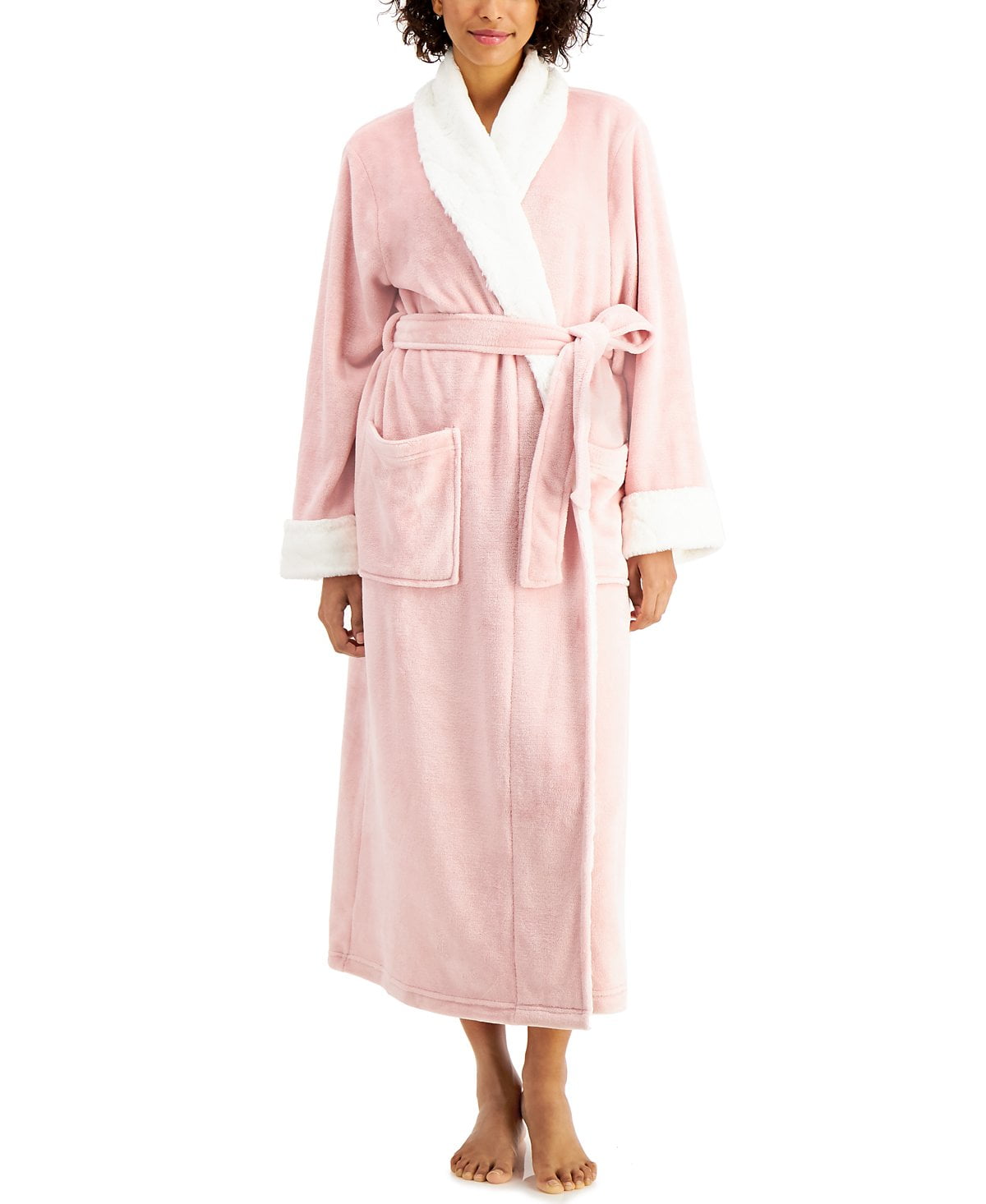 Charter Club Long Cozy Plush Robe With Faux-Fur Trim, Chalky Rose, Size ...