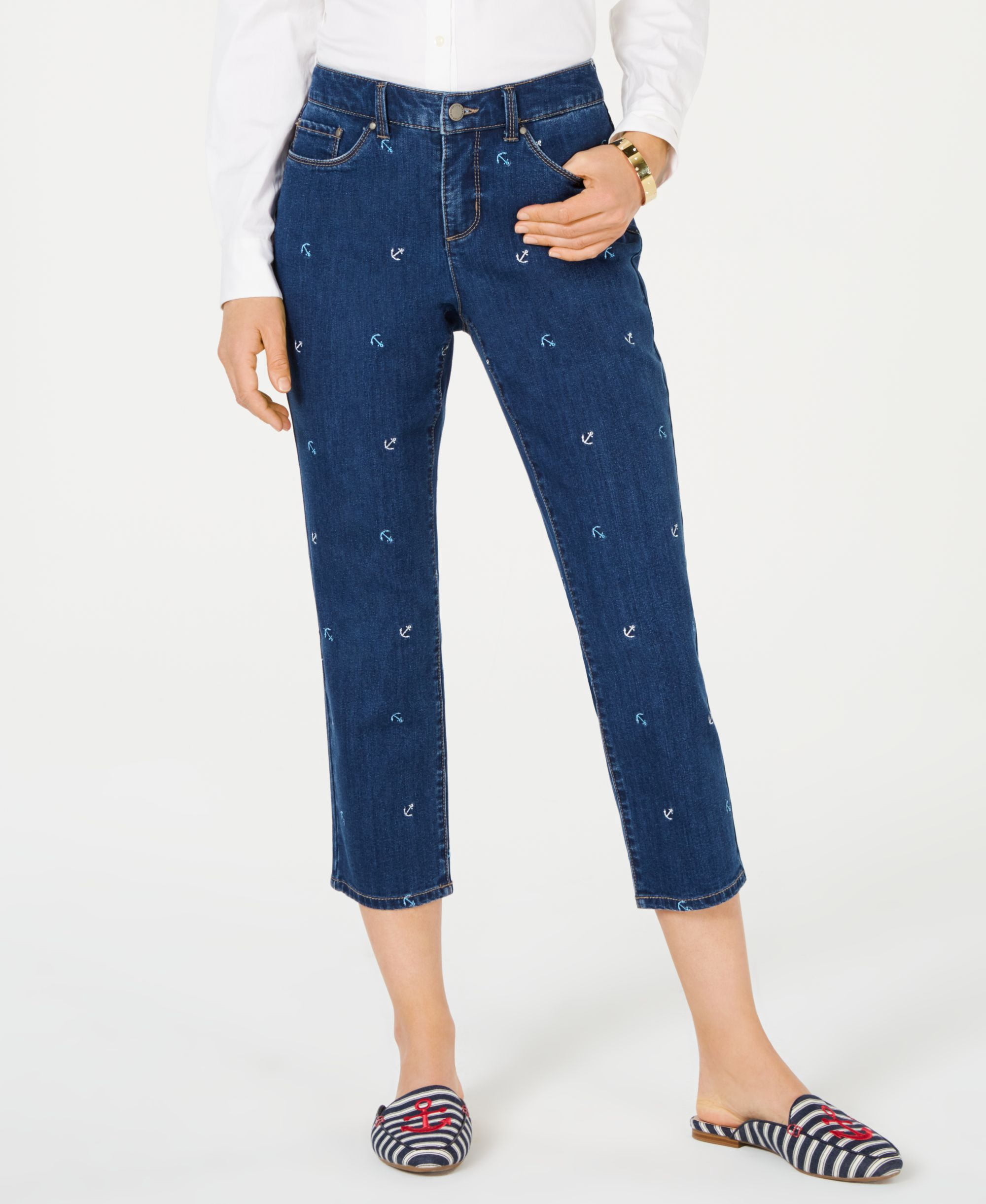 Charter Club Petite Embroidered Tummy Control Capri Jeans Dia Wash 6P ...