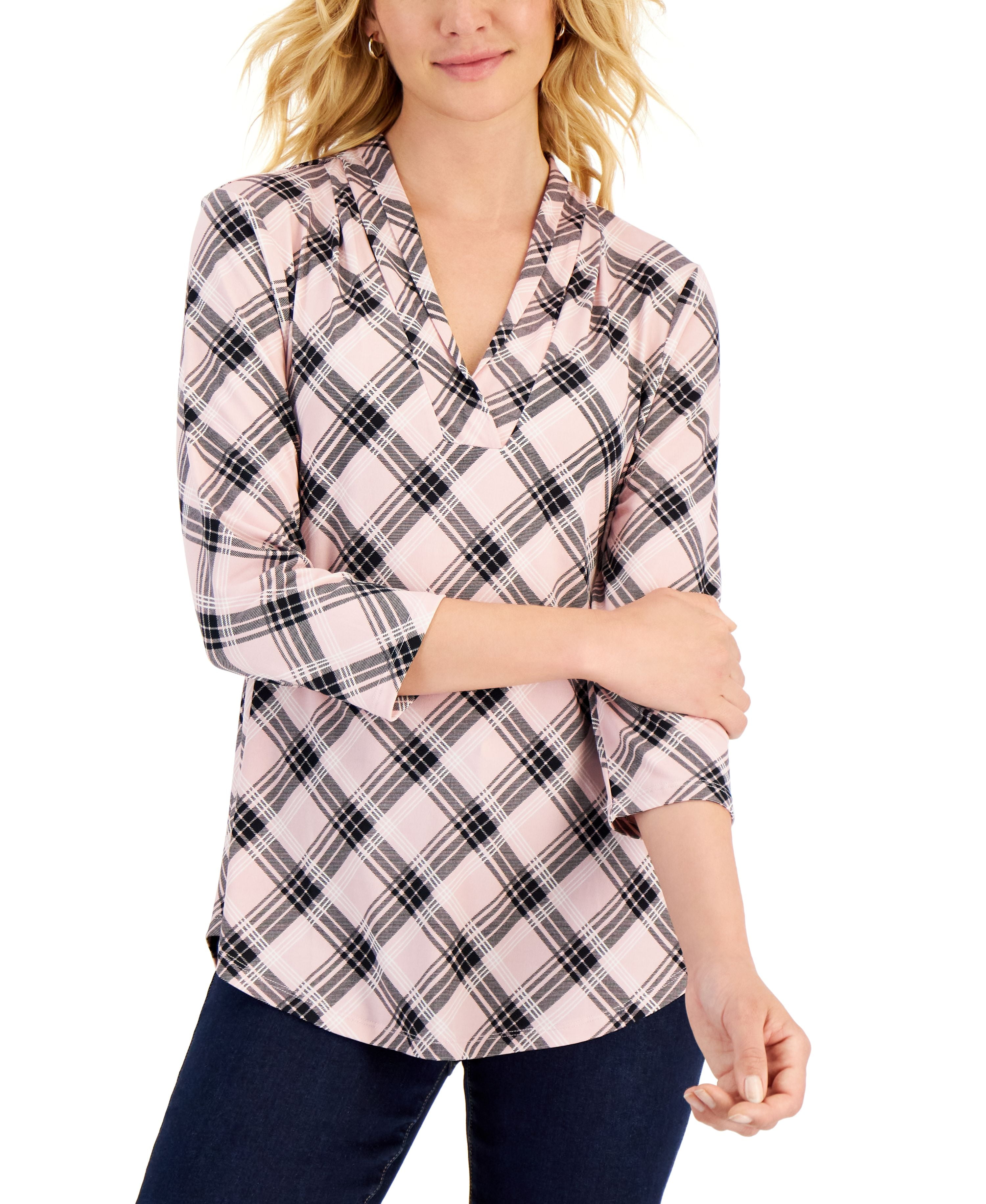 Charter Club Petite Plaid 3/4 Sleeve Top Bllt Ribbon Combo PS - Walmart ...