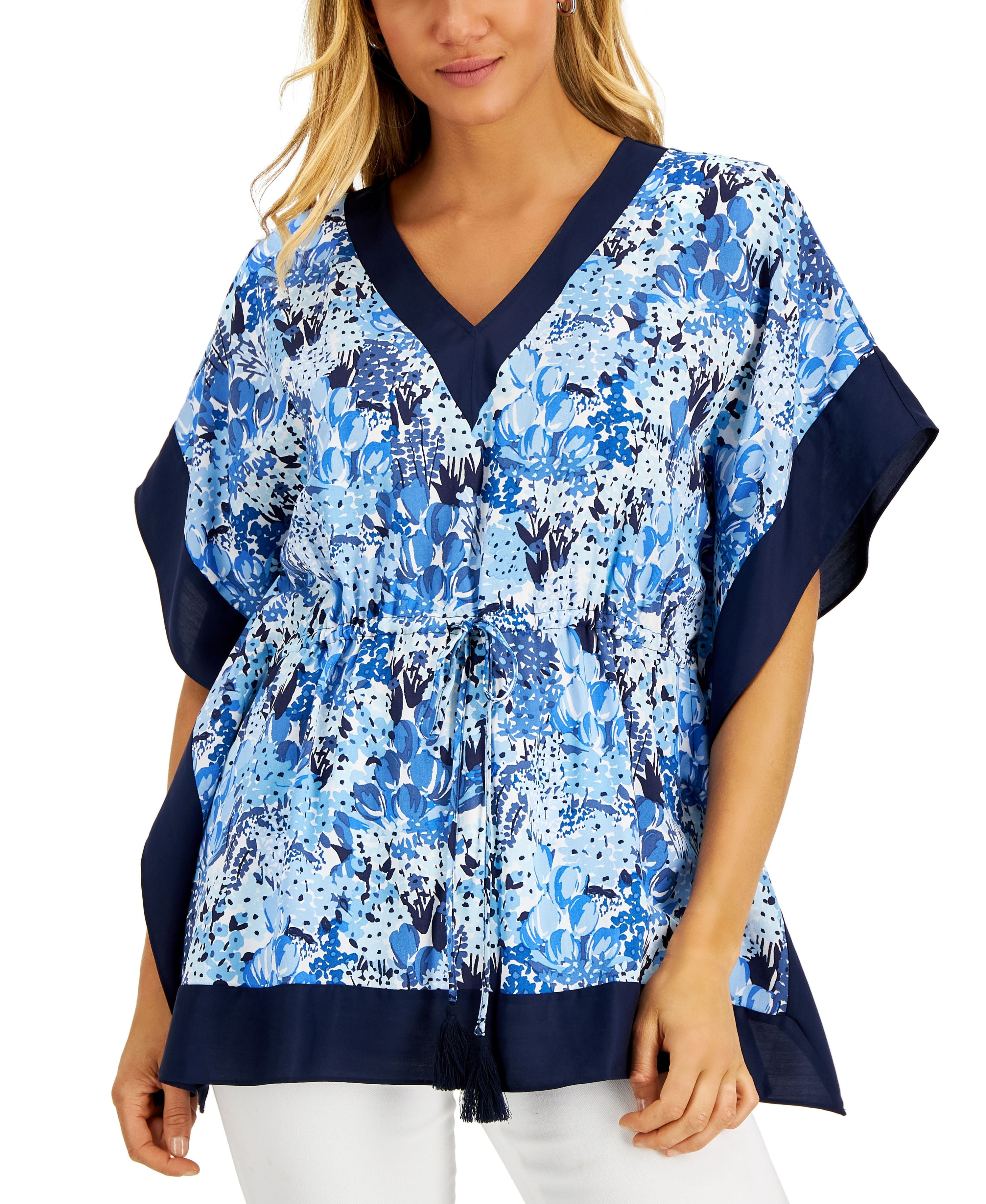 Charter Club Petite Printed 3/4 Sleeve Top Intrepid Blue Combo PS ...