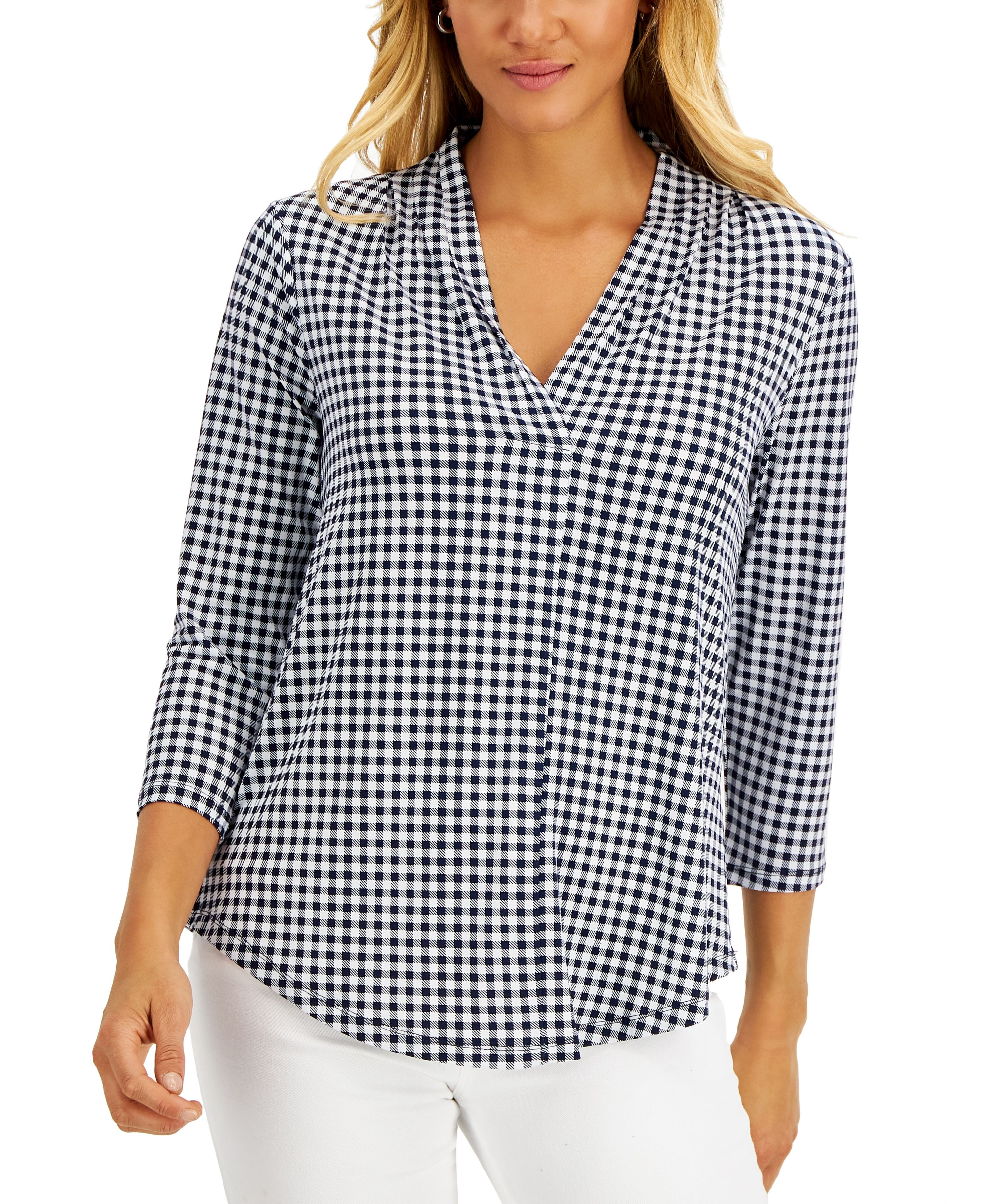 Charter Club Petite Printed V Neck 3/4 Sleeve Top72 Intrepid Blue ...