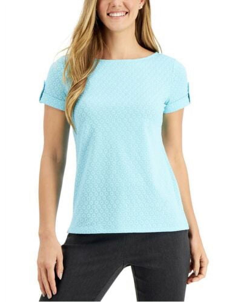 Charter Club Women's Eyelet Top Light Pool Blue Short Sleeve Pullover ...