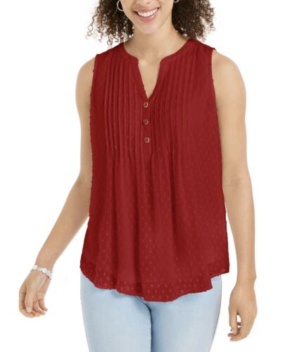 Charter Club Women's Pleated Clip-Dot Top Sleeveless Buttons Red Barn ...