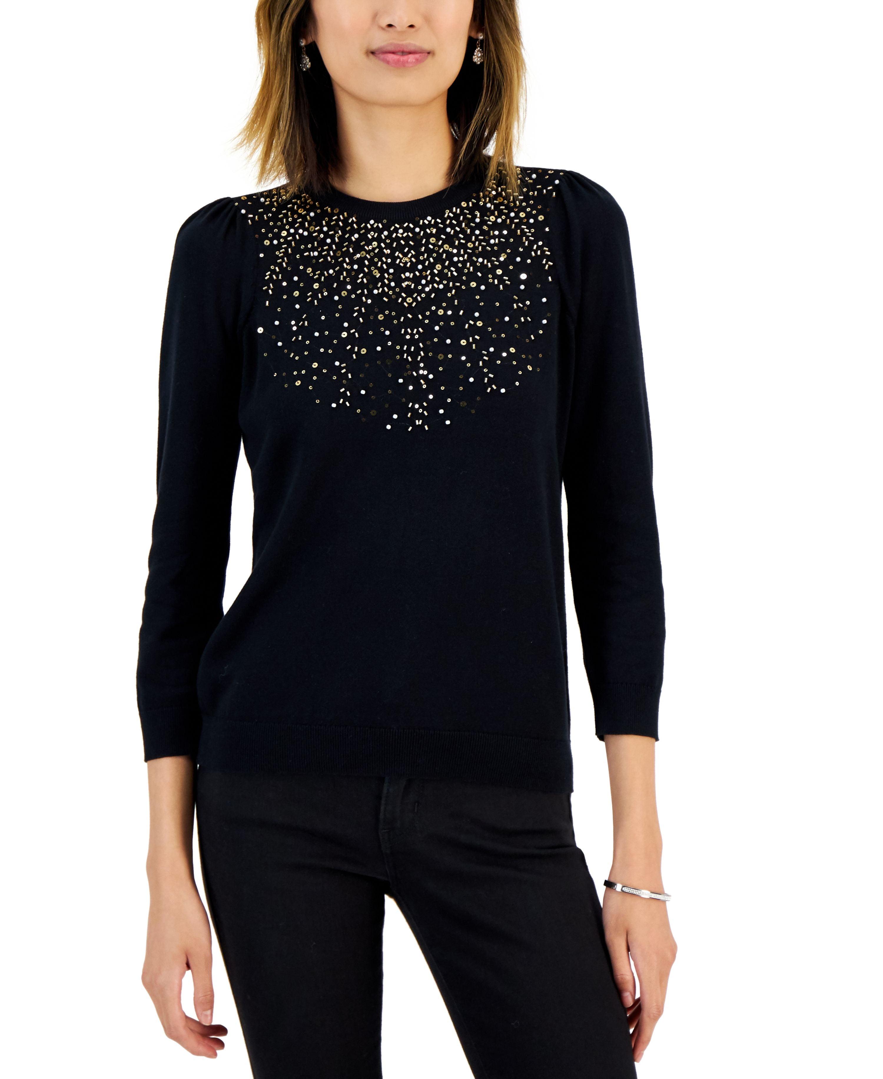 Charter Club Womens Embellished Sweater Deep Black M - Walmart.com