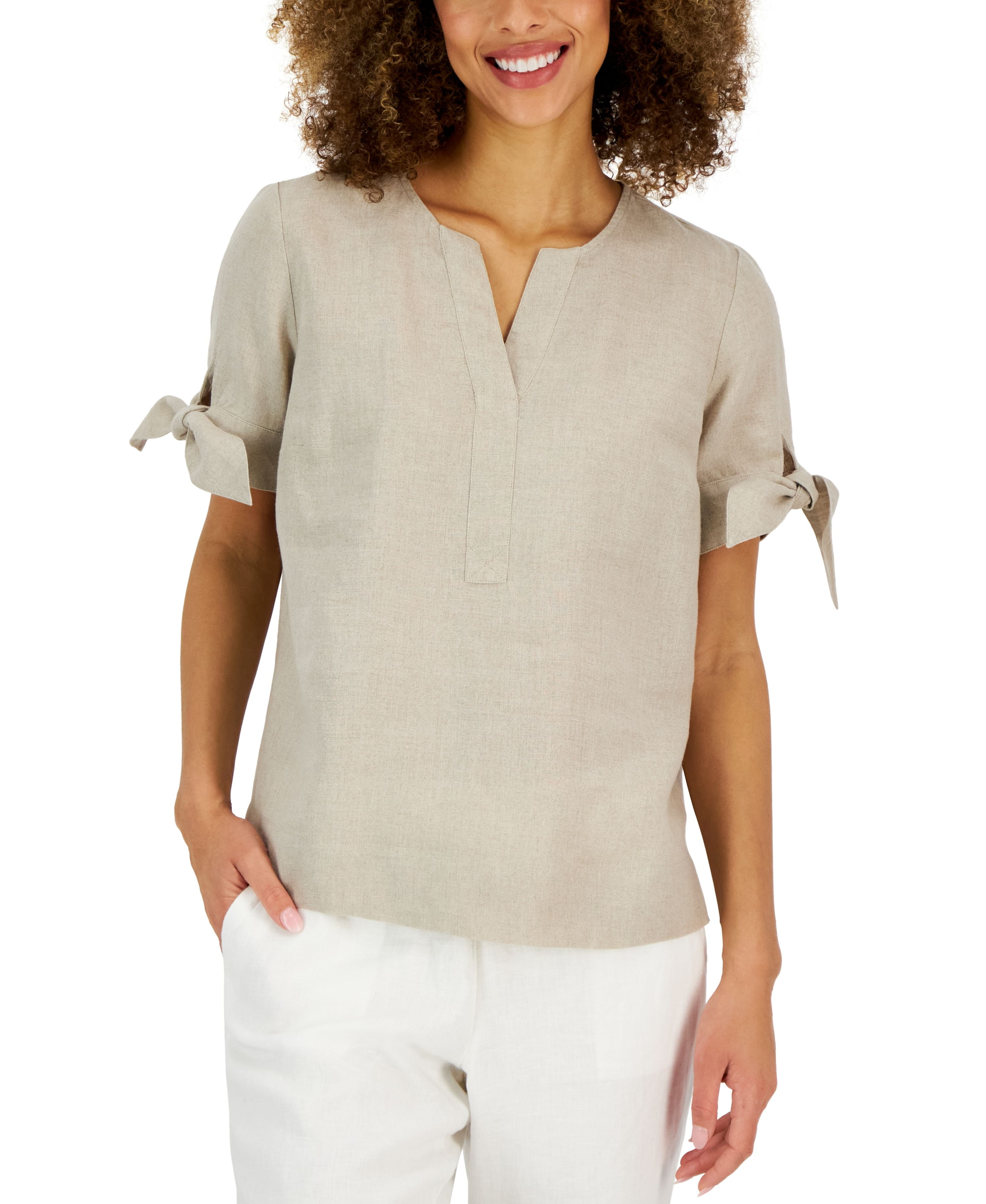 Charter Club Womens Linen Split Neck Tie Cuff Top Flax XS - Walmart.com