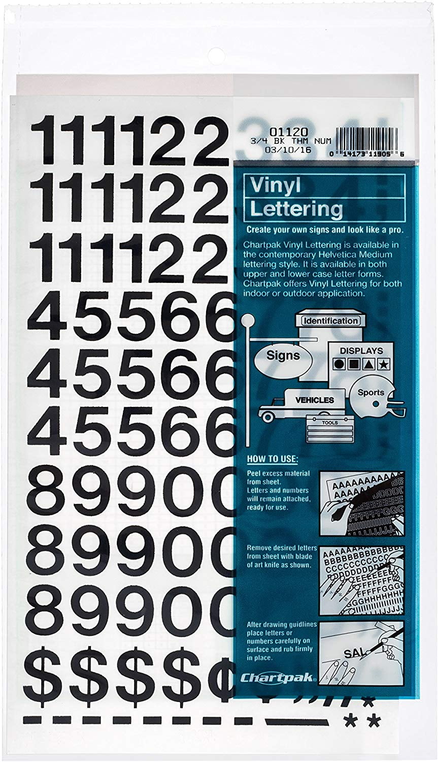 Chartpak Self-Adhesive Vinyl Numbers, 3/4 Inch High, Black, 222 per ...