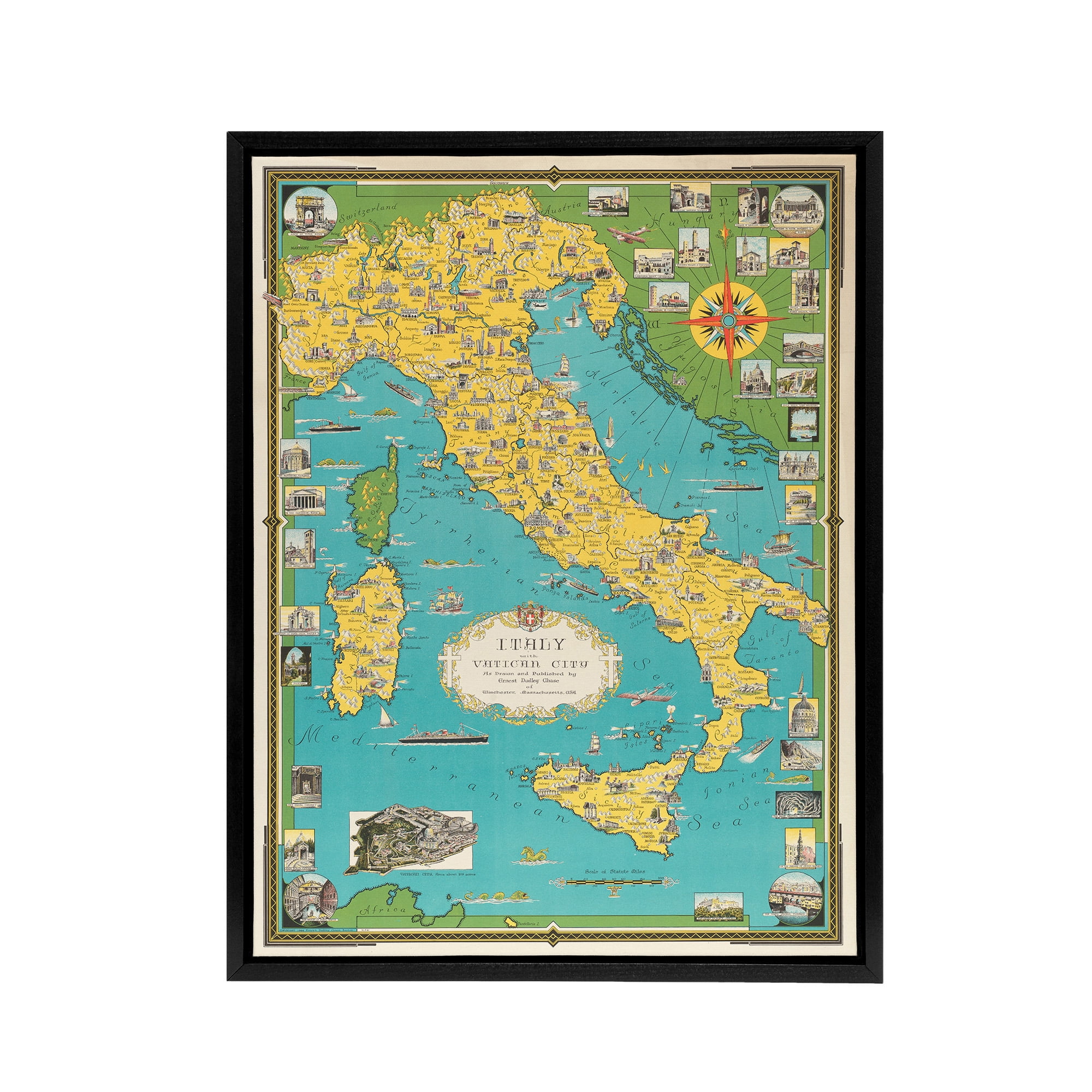 Chase 1944 Pictorial Map Italy Vatican City Black Framed Canvas Art ...