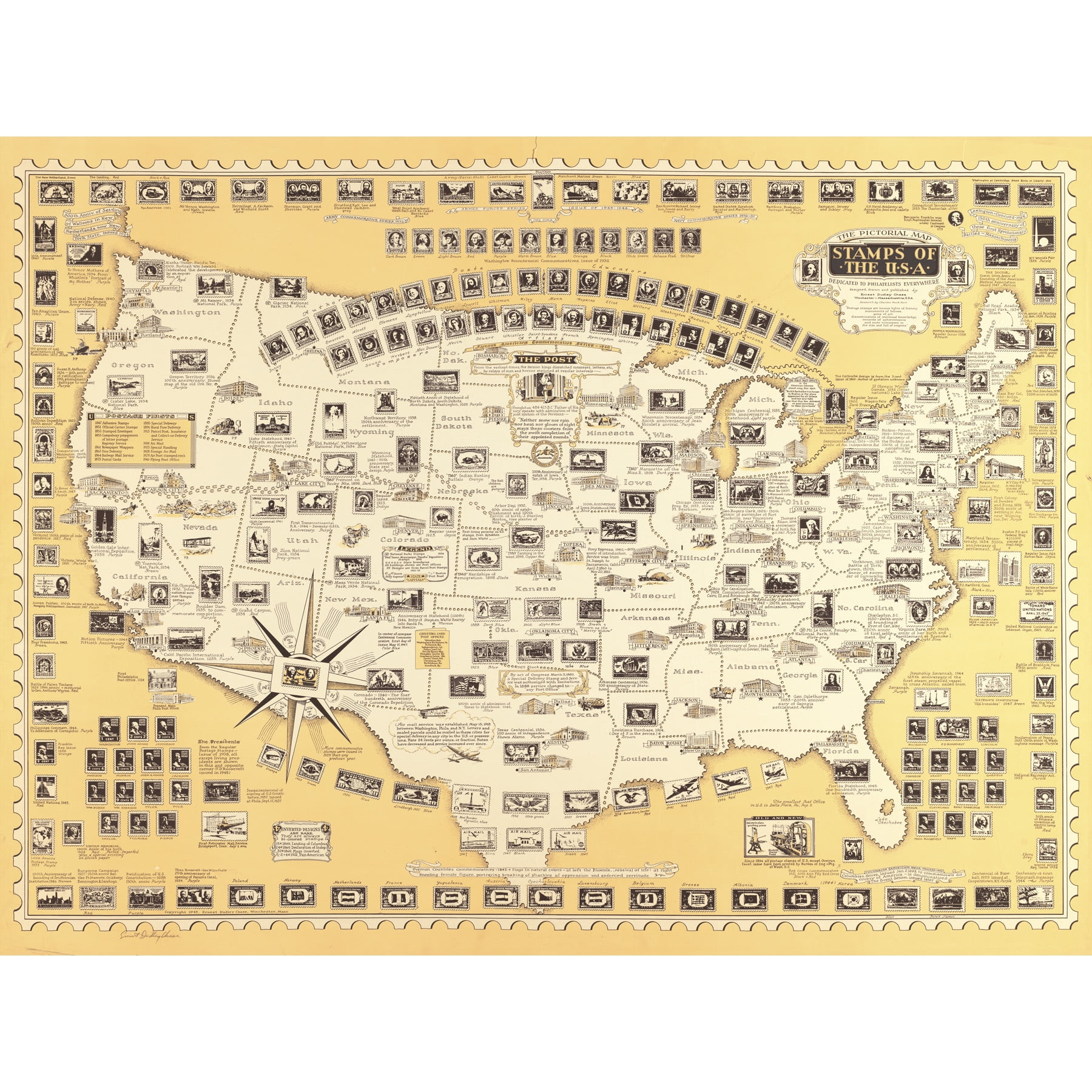 Chase 1947 Pictorial Map USA Stamps Chart Extra Large Art Print Wall ...