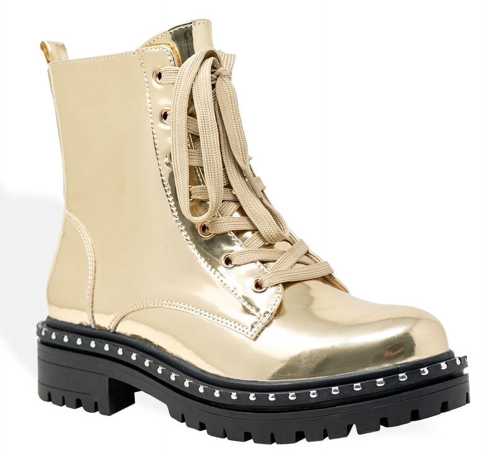 Chase & Chloe Women's Lace Up Combat Boots with Studded Sole Chunky Lug ...