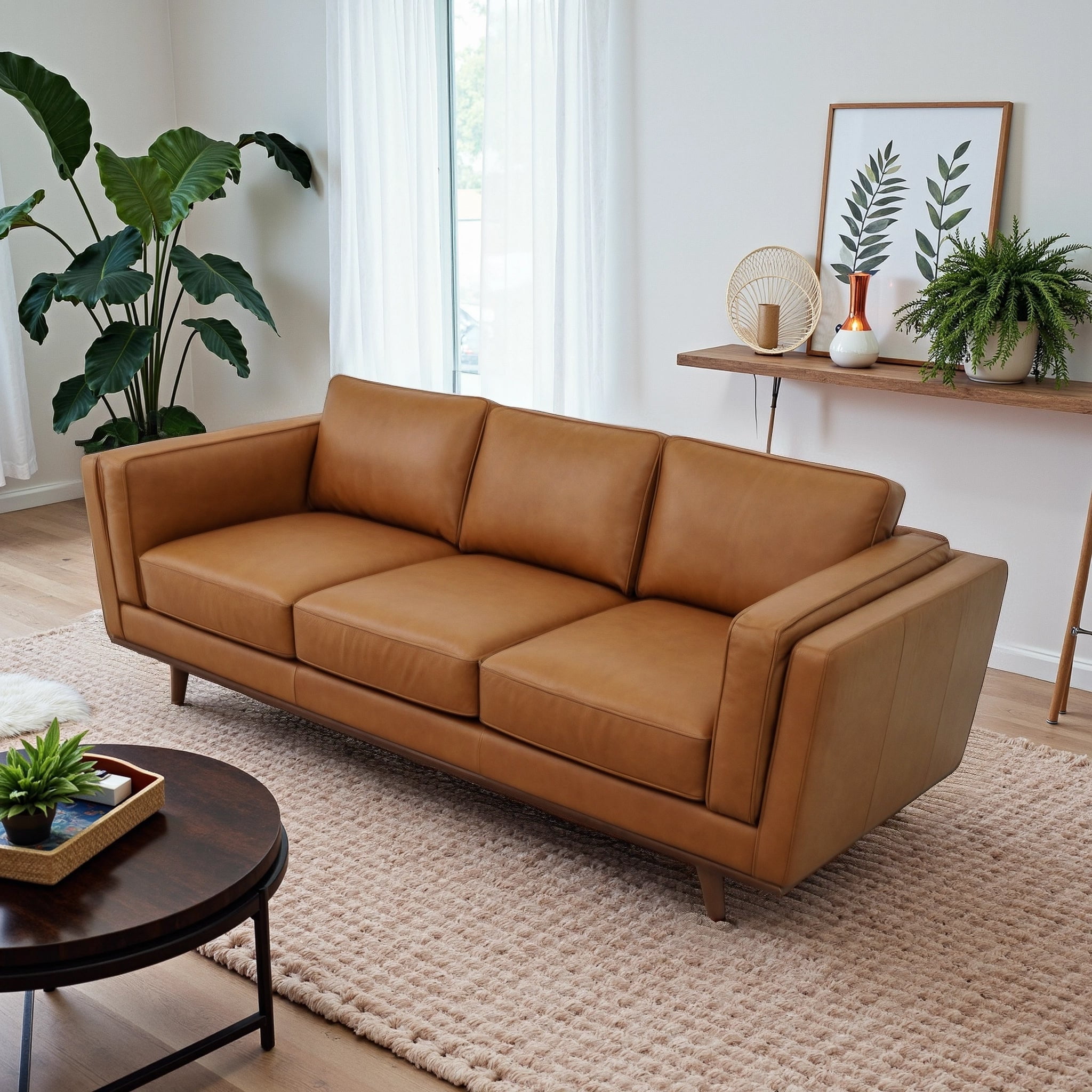 "Chase Mid-Century Modern Leather Sofa - Genuine Top-Grain Leather ...