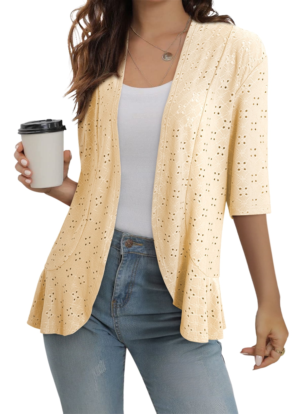 Chase Secret Cardigan for Women Summer Short Sleeve Netted Knit Ruffle ...