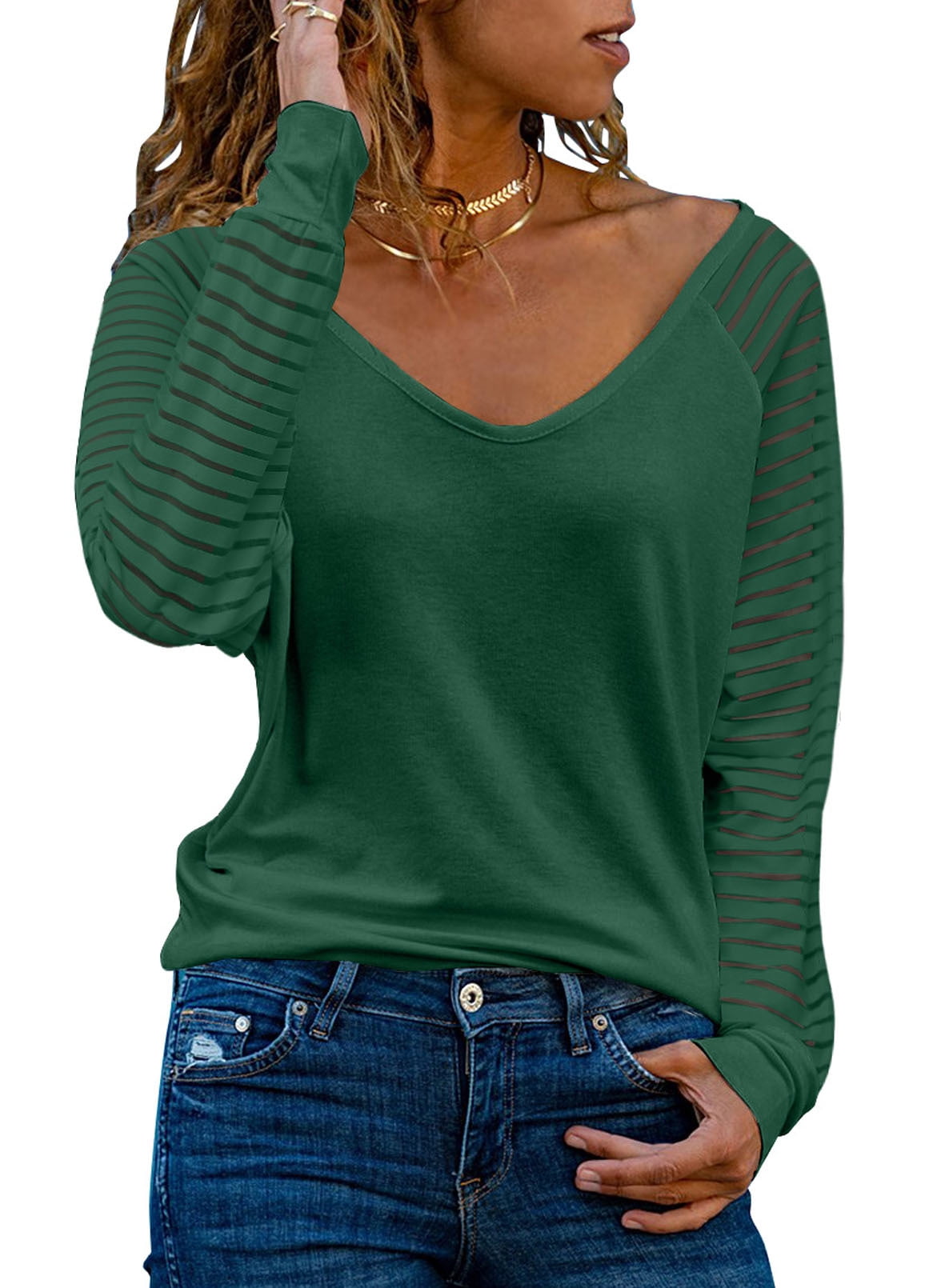 Chase Secret V Neck Shirts for Womens Tops Striped Sheer Mesh Long ...