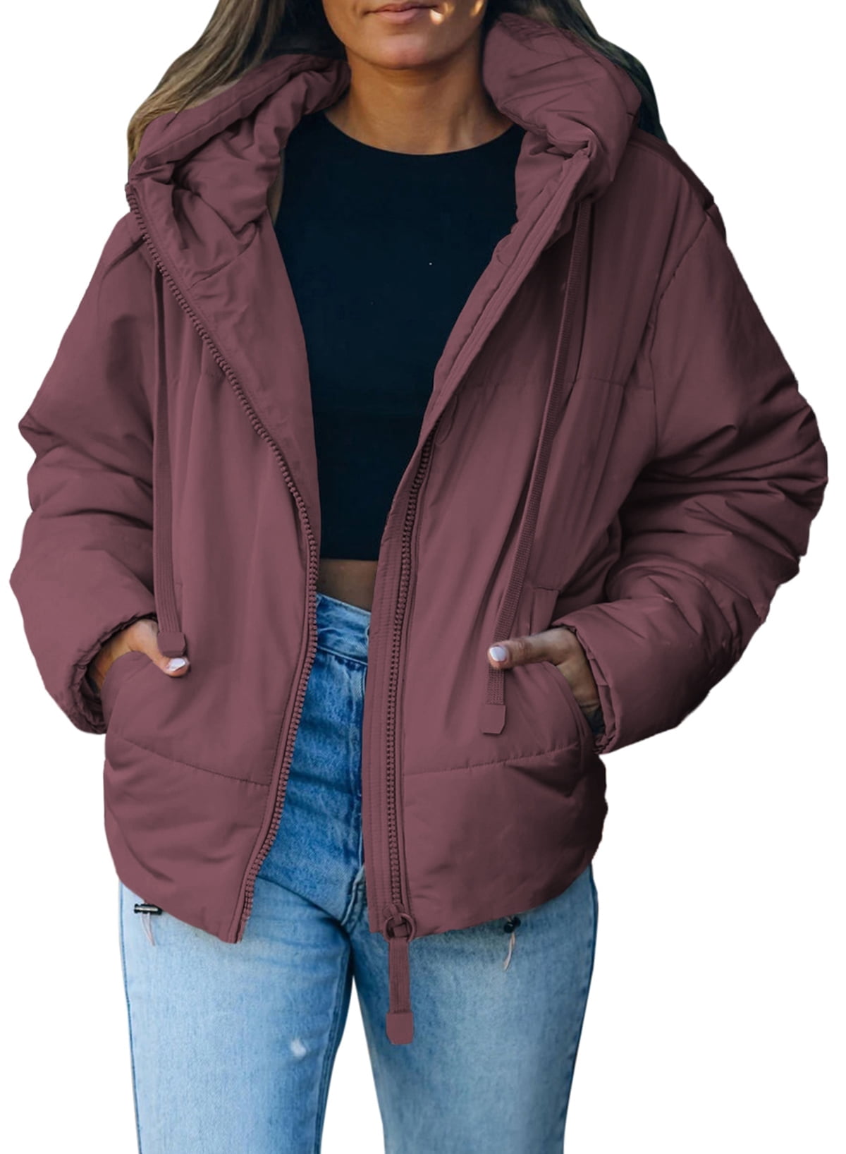 SHEWIN Women Full Zipper Hooded Puffer Jacket Short Coat with Pockets ...