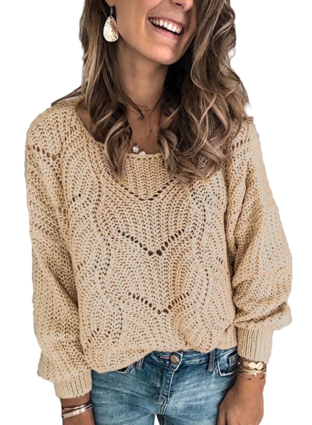 Chase Secret Women Hollow Out Knit Pullover Sweaters Crewneck Long ...