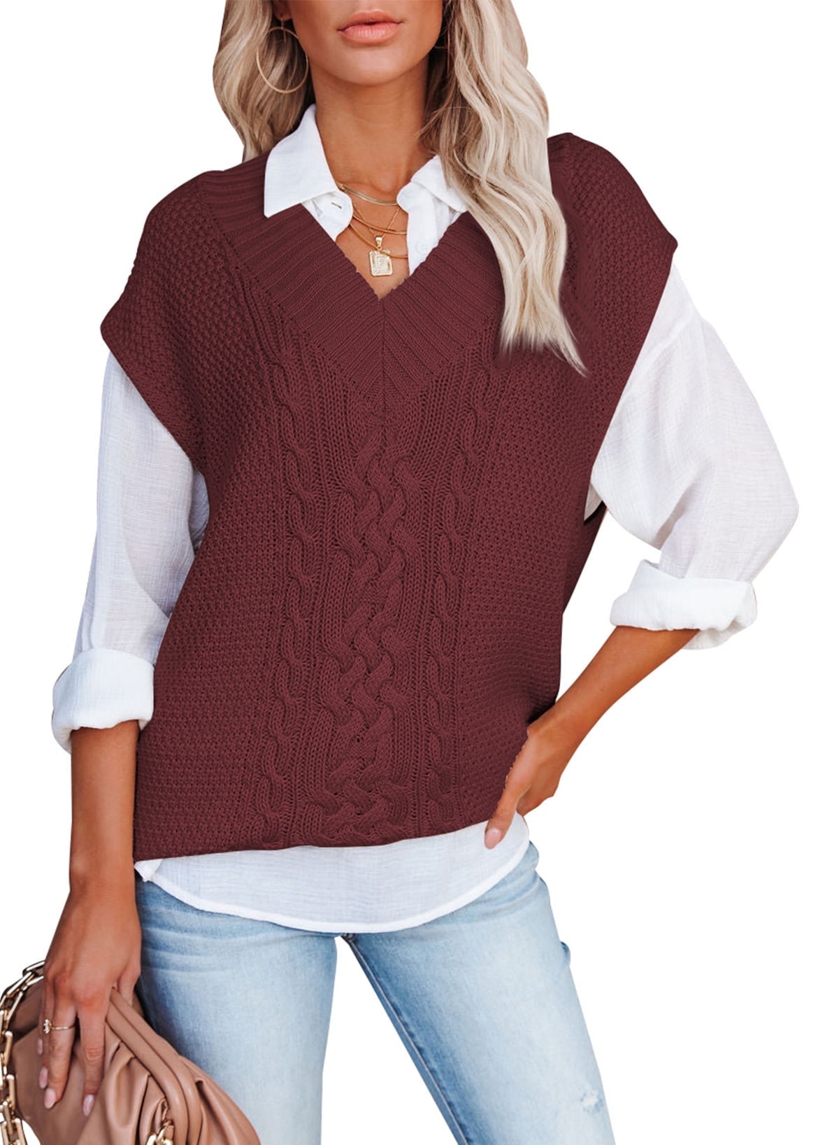 Chase Secret Women's V Neck Sleeveless Sweater Vest, Oversized Solid Color Cable Knit Pullover ...