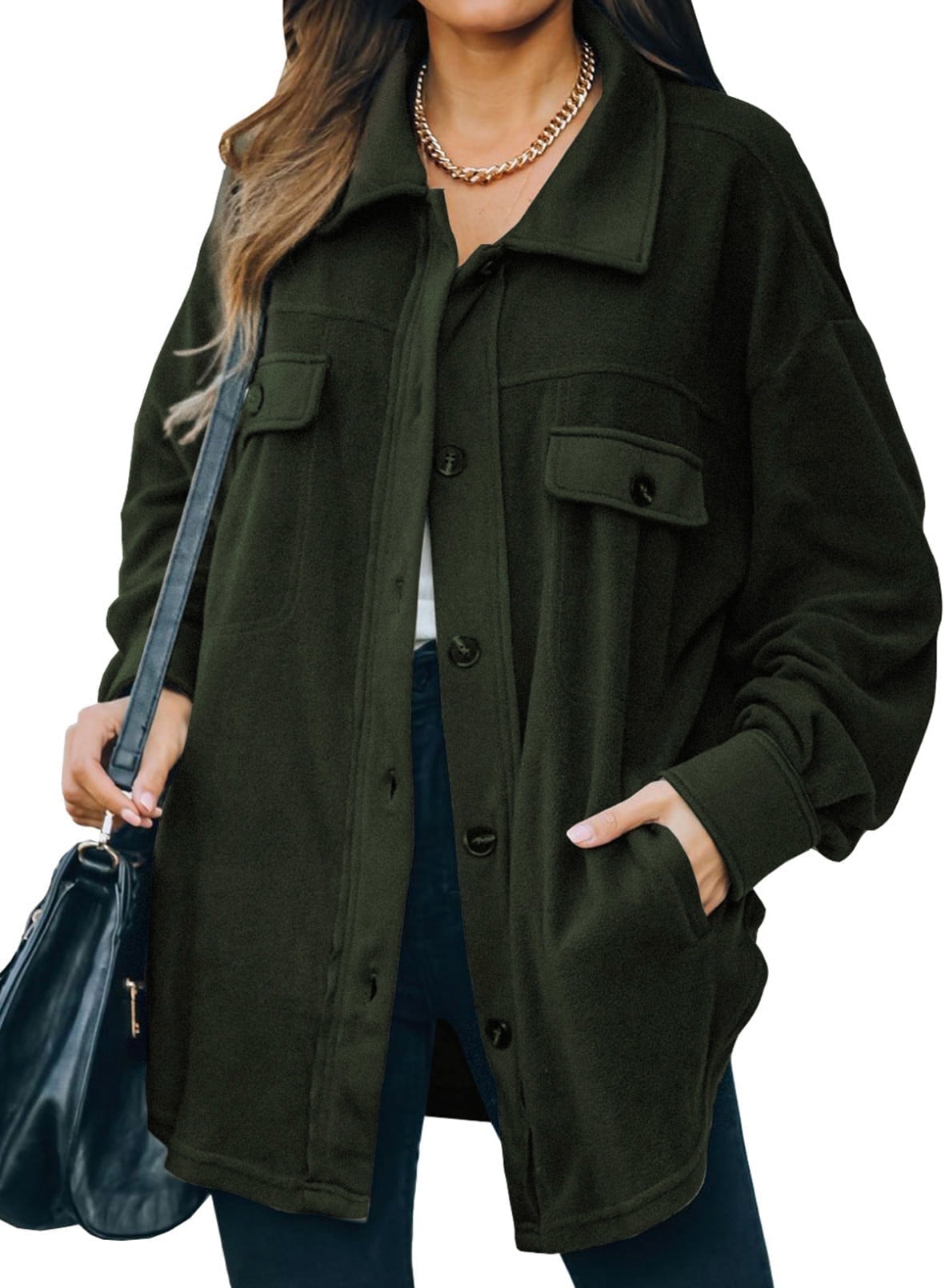 Chase Secret Womens Casual Jacket Fuzzy Fleece Long Sleeve Shacket ...