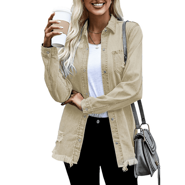 Chase Secret Women's Petite Distressed Ripped Denim Jacket with Button, Long Sleeve Jean Coat ...