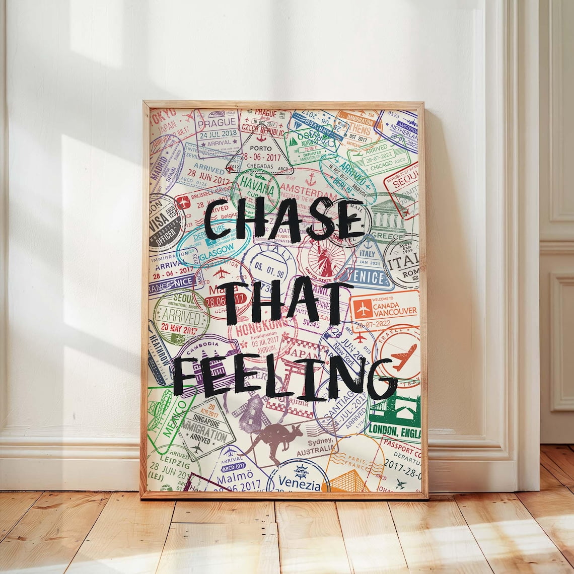 Chase That Feeling Passport Stamp Collage Travel Graphic Poster ...