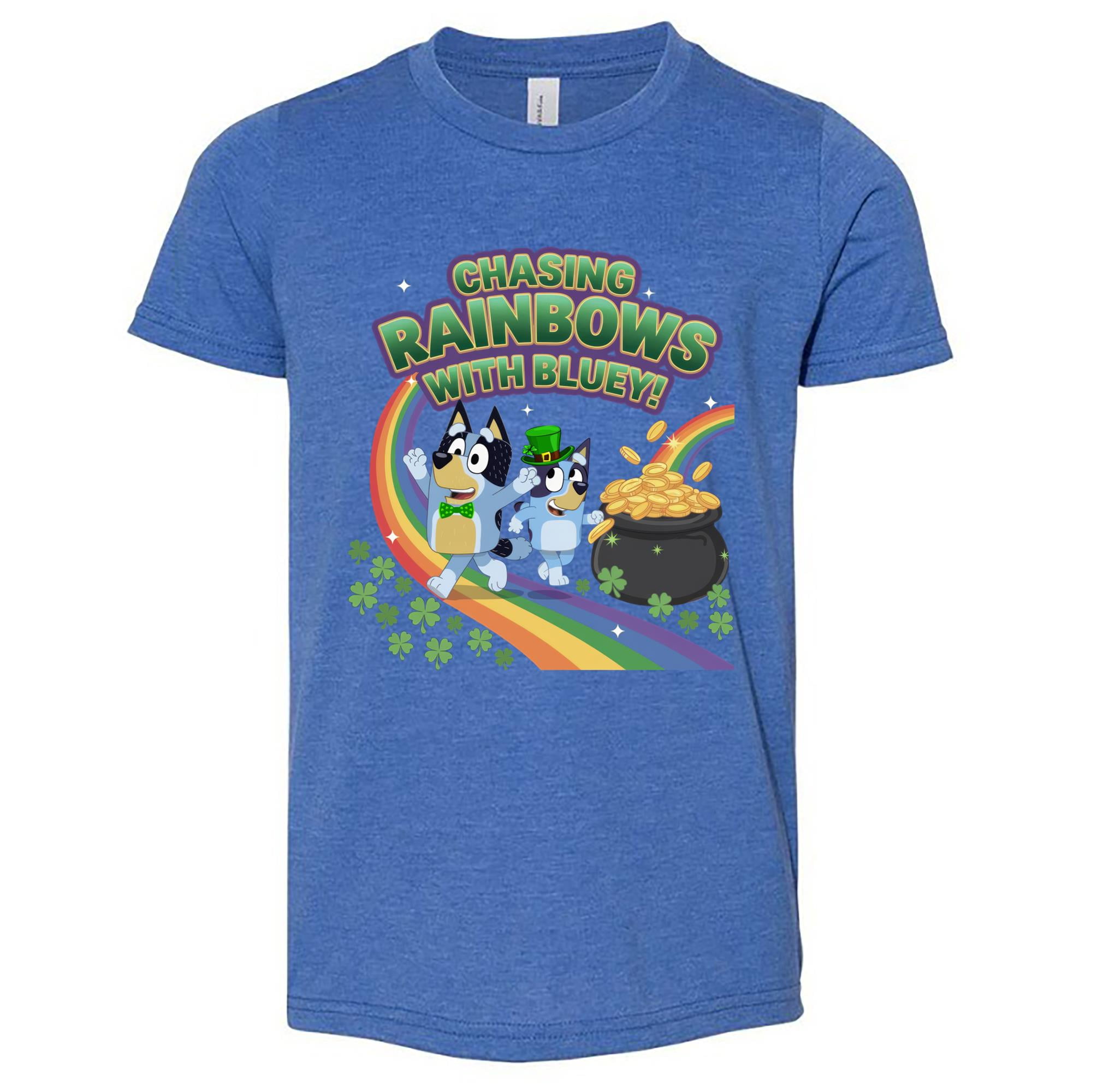 Chasing Rainbows with Bluey Youth shirt, Lucky Shamrock Pot of Gold ...