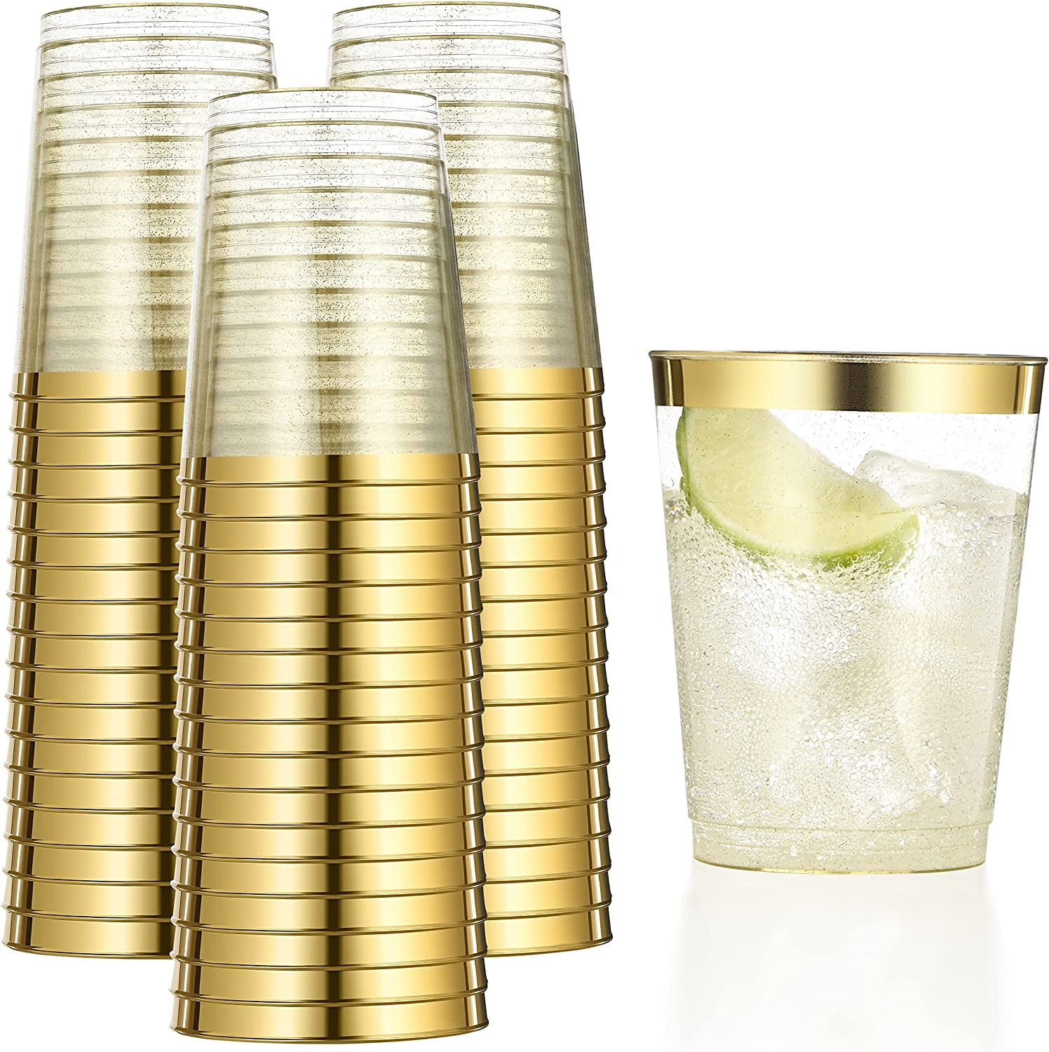 Chateau Glasses 100 Gold Glitter Plastic Cups with Gold Rim 10 oz ...