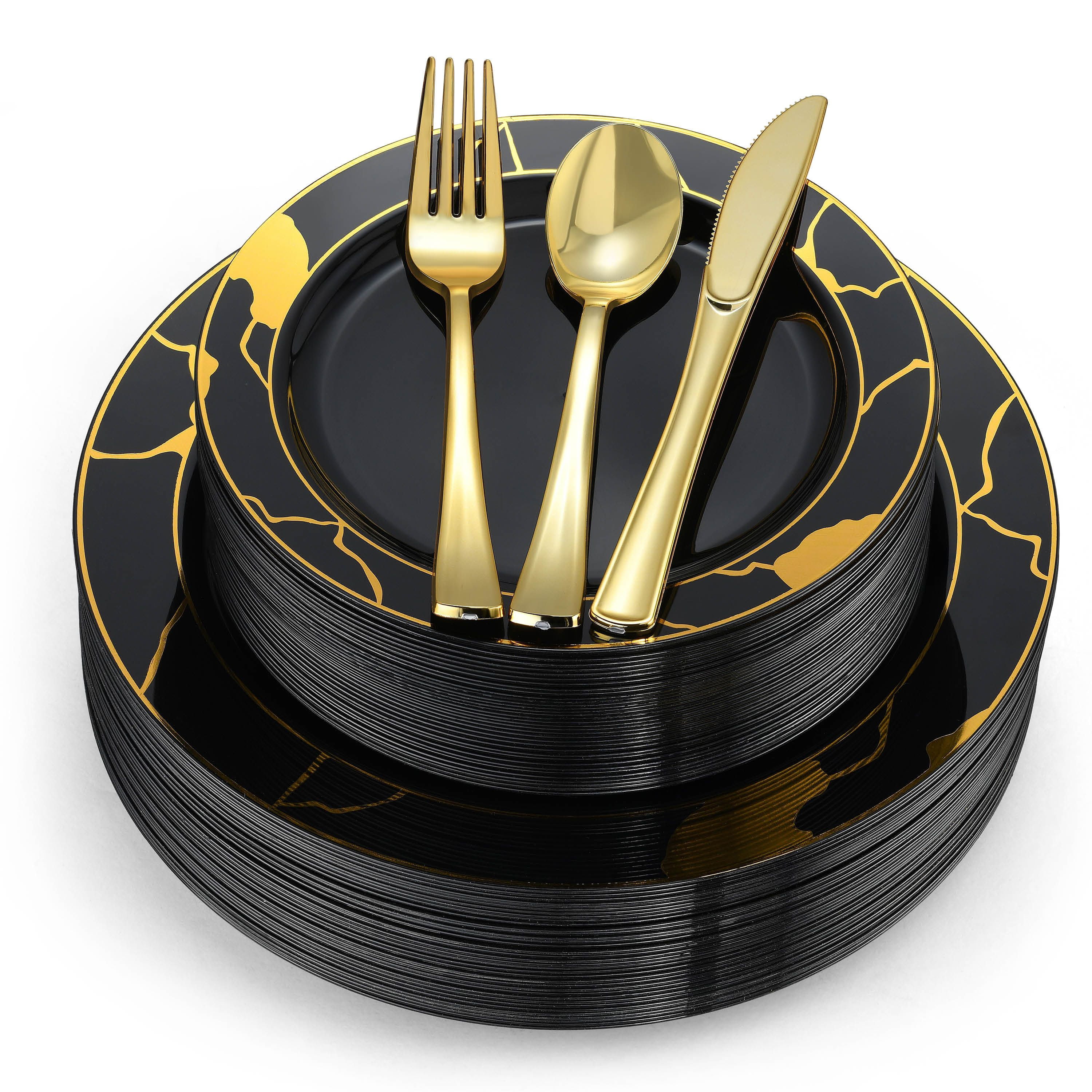 Chateau 180-Piece Black & Gold Disposable Dinnerware Set for 36 Guests ...