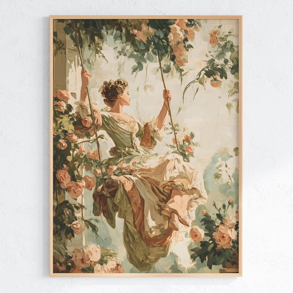 Chateaucore Art Woman In Garden Swing Surrounded By Roses Wall Art For ...